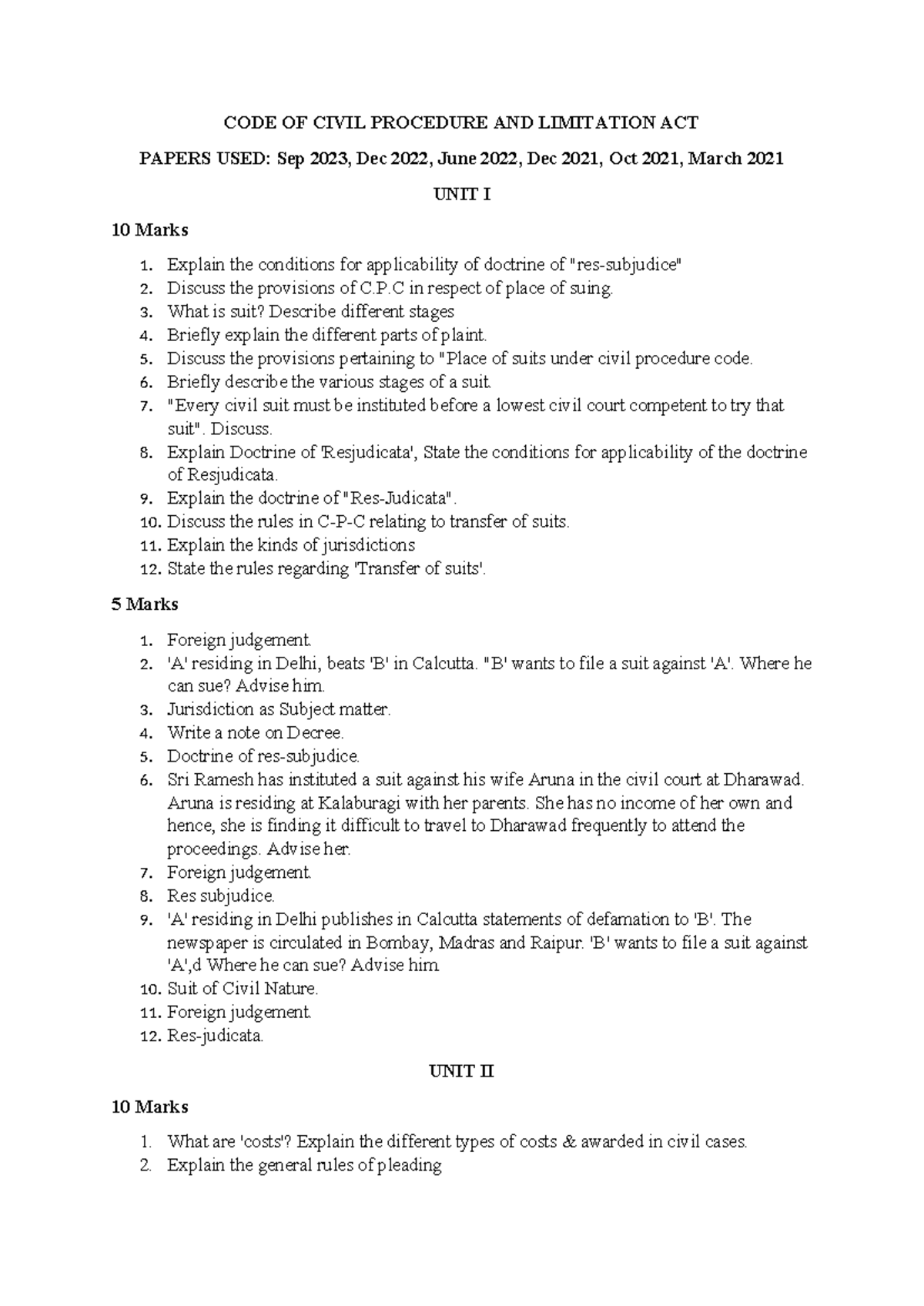 CPC Previous 10 year Repeat Questions - CODE OF CIVIL PROCEDURE AND ...