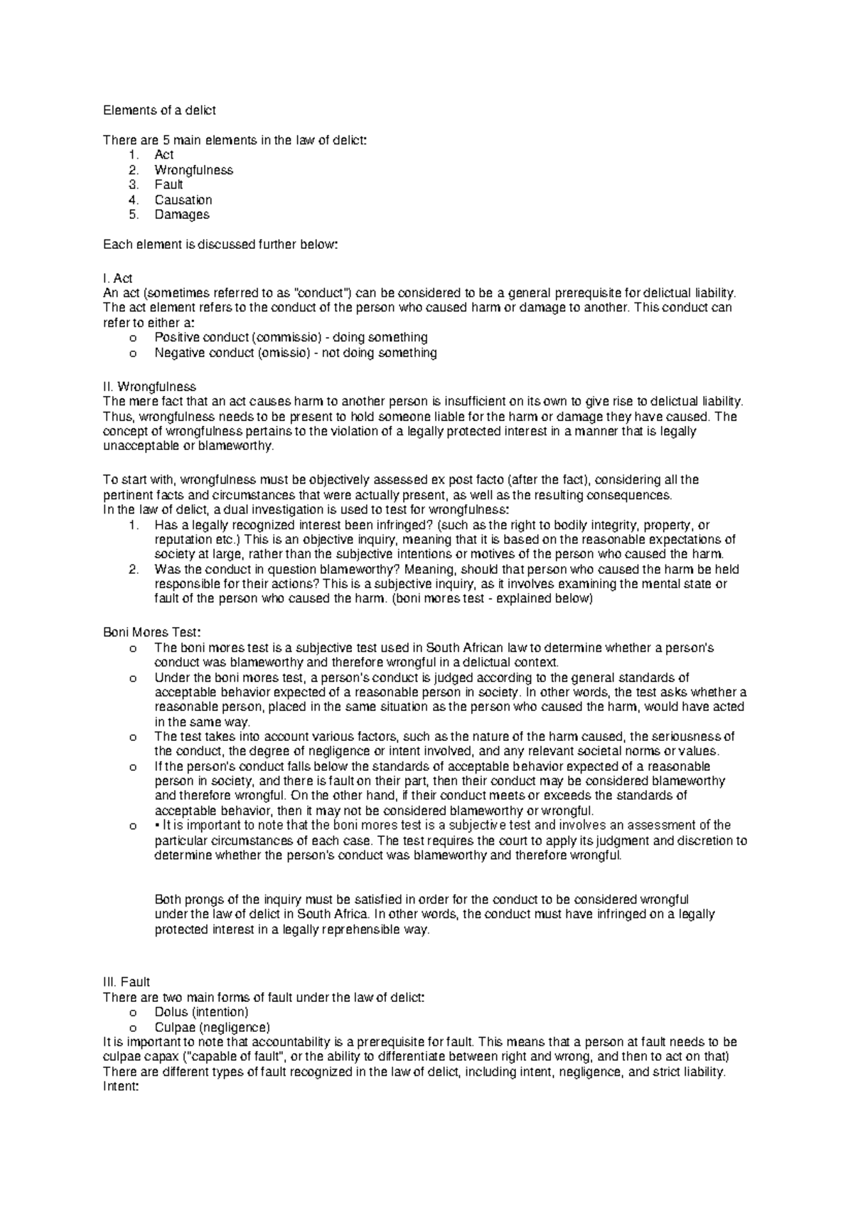 Elements of delict - Elements of a delict There are 5 main elements in ...