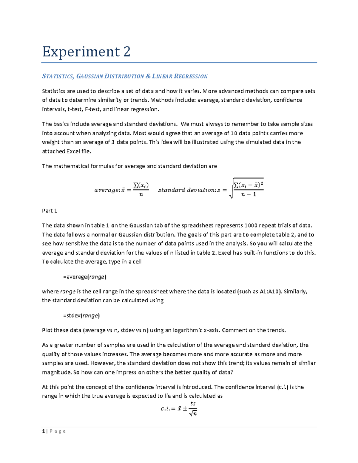 Experiment 2 Part 1 - lab report - Experiment 2 STATISTICS, GAUSSIAN ...