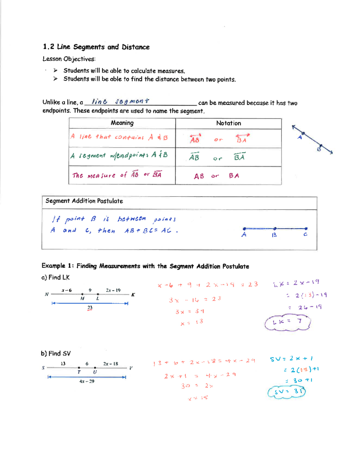1.2 Completed Notes - 1 Line Segments and Distance Lesson Objectives ...