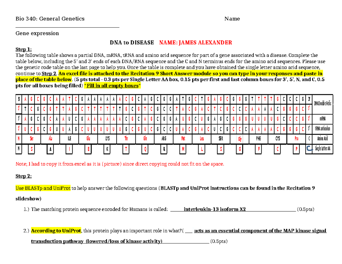 Recitation 9 - Bio 340: General Genetics Name ...