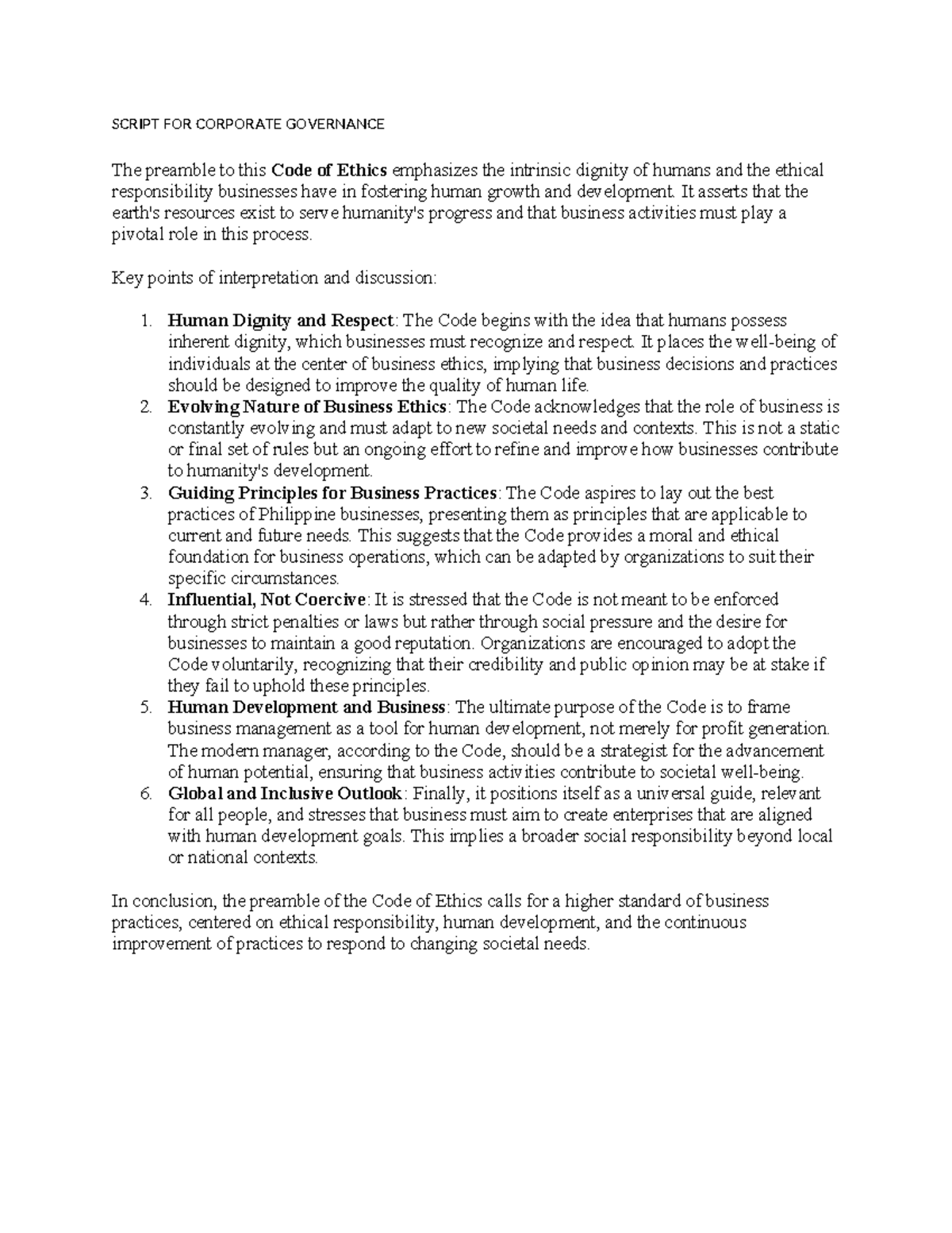 Report for Corporate Governance - SCRIPT FOR CORPORATE GOVERNANCE The ...