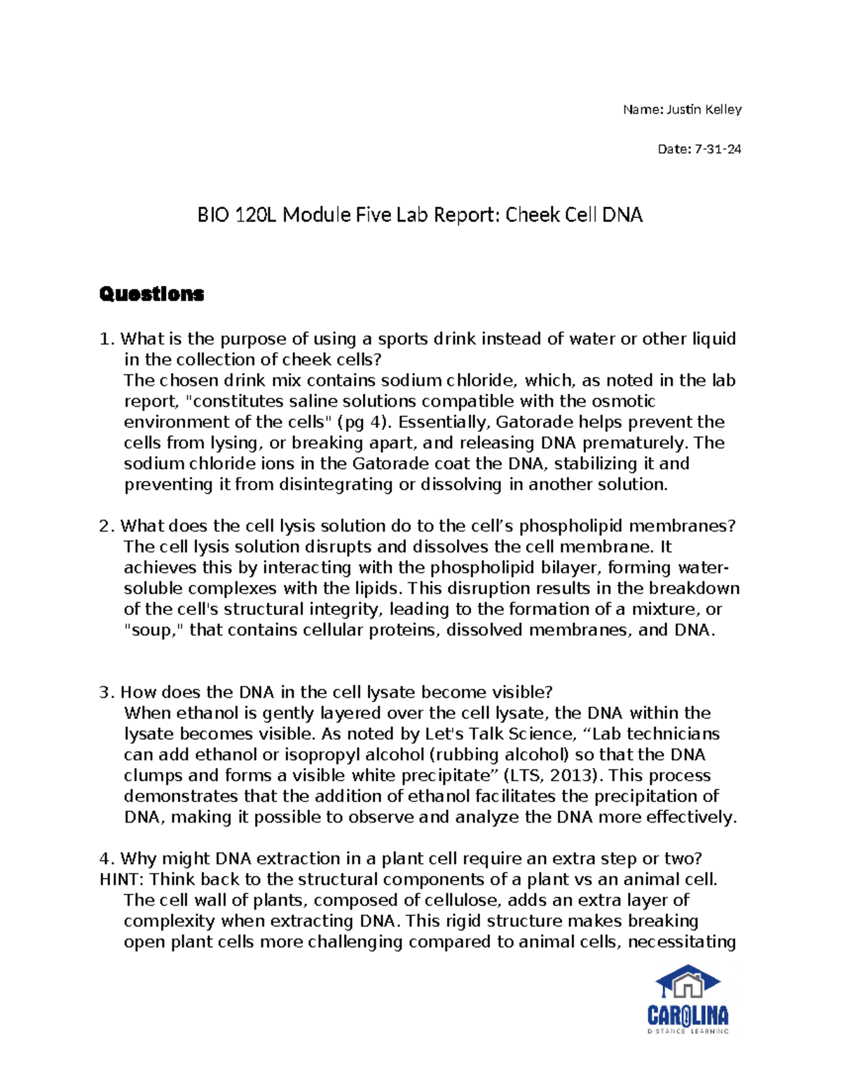 BIO 120L Module Five Cheek Cell DNA Extraction Lab Report Template 1 ...