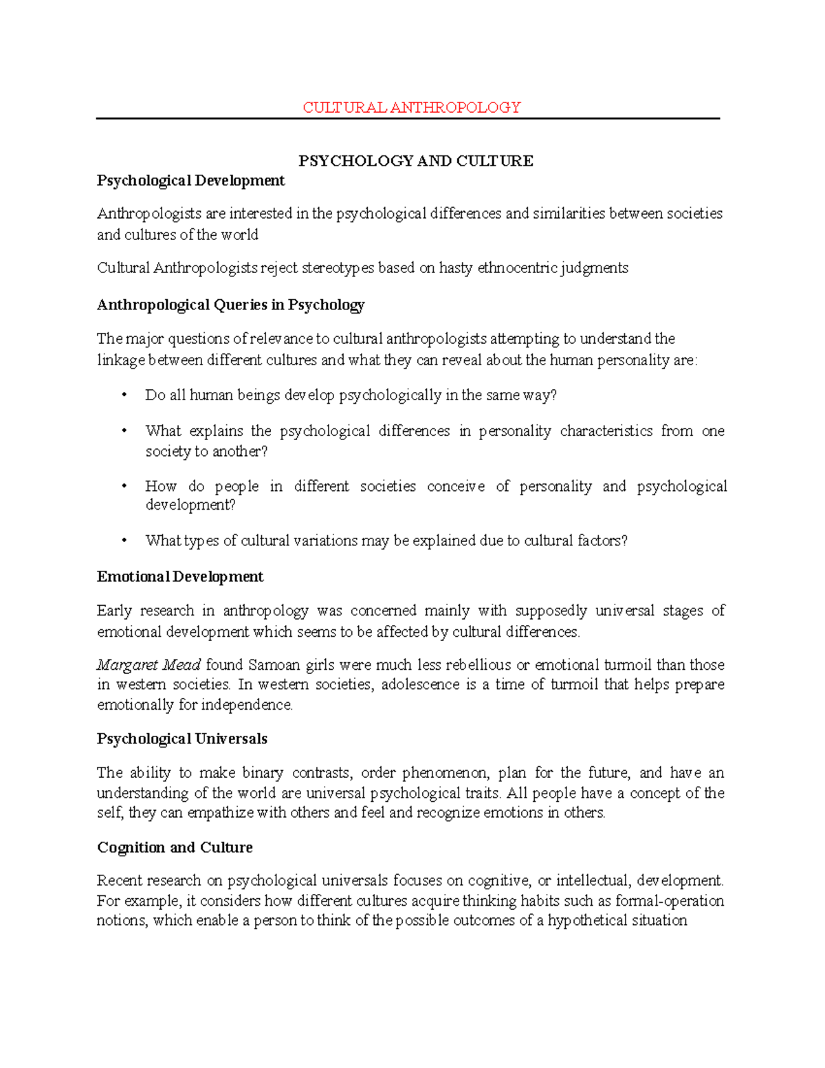 Ch08 Psychology and culture - CULTURAL ANTHROPOLOGY PSYCHOLOGY AND CULTURE Psychological ...