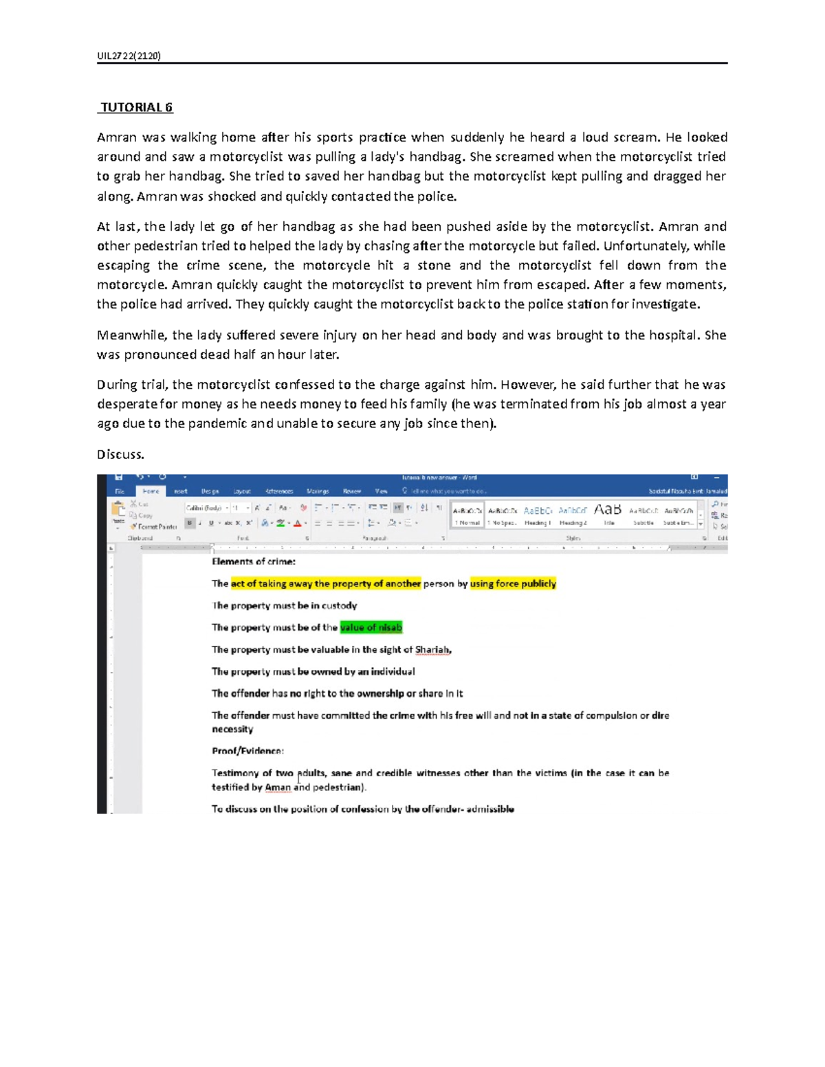 Tutorial 6 new - UIL2722(2120) TUTORIAL 6 Amran was walking home after ...