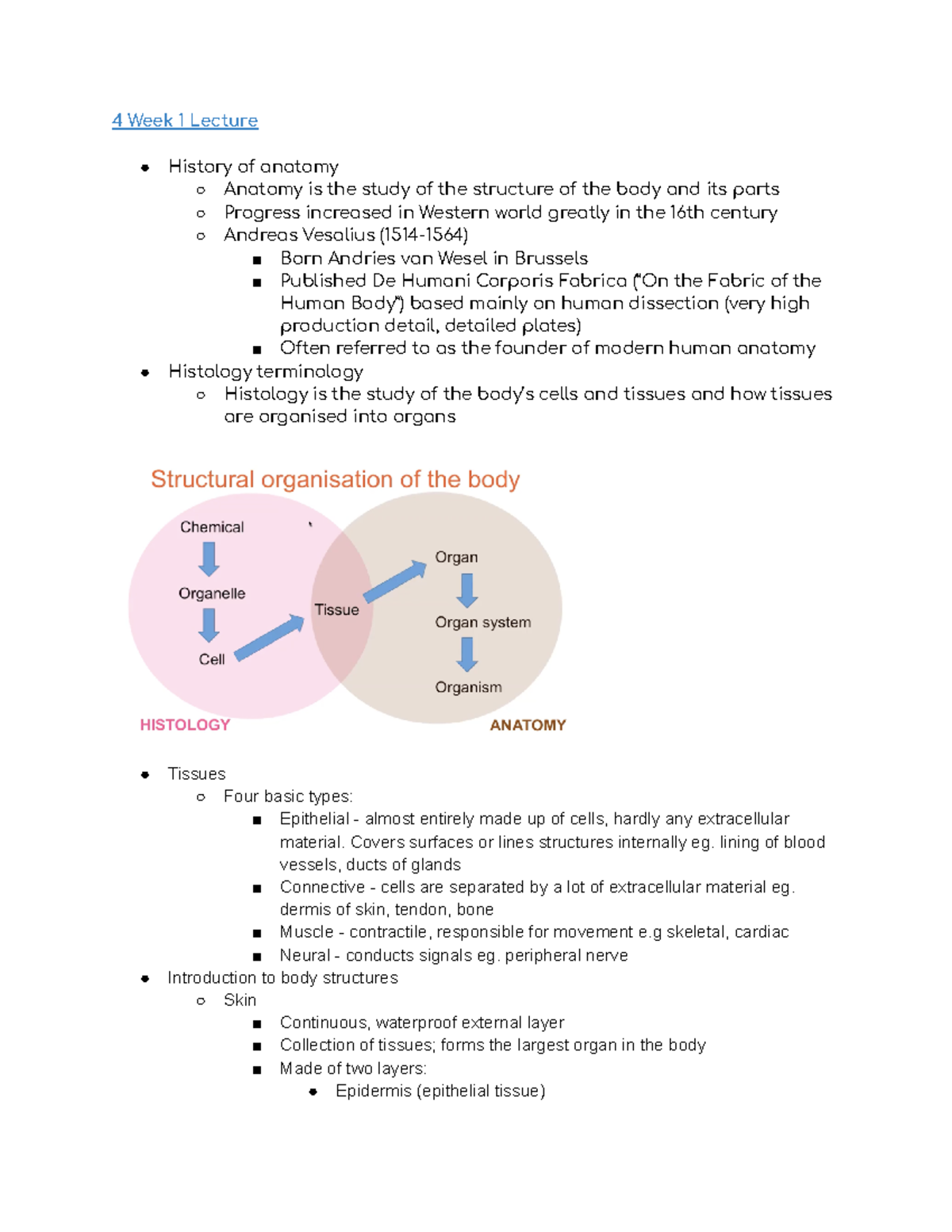 ANAT Notes for study - 4 Week 1 Lecture History of anatomy Anatomy is ...