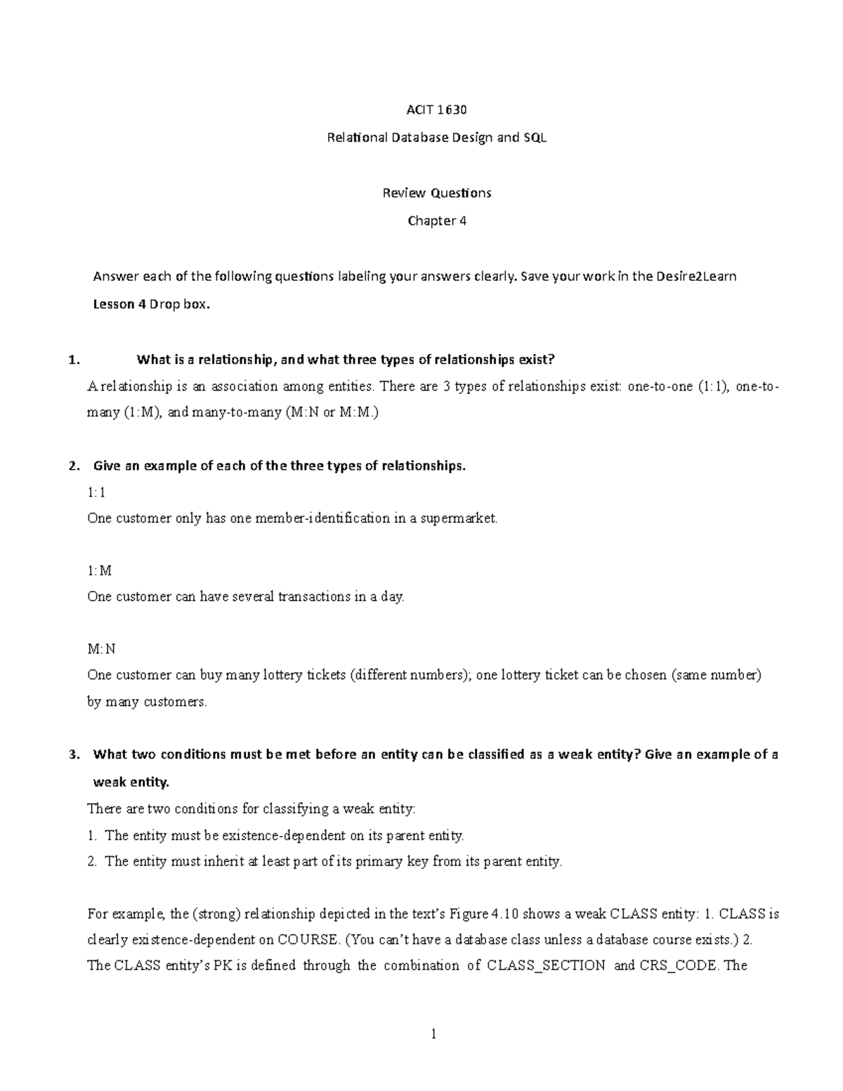 Review Questions Chapter 4 - ACIT 1630 Relational Database Design and SQL Review Questions ...