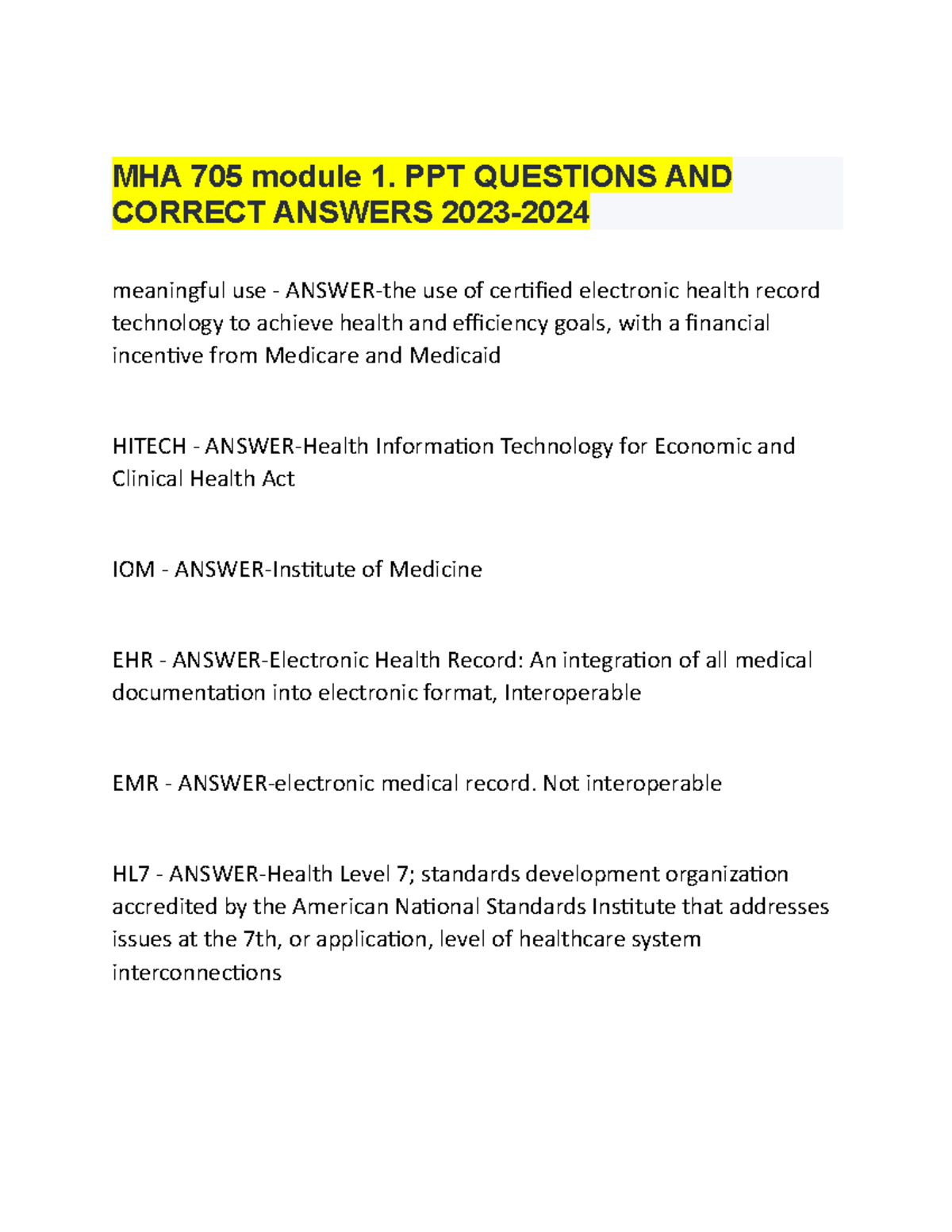MHA705 QUICK TEST WITH CORRECT AND WELL DETAILED ANSWERS GUARANTEED ...