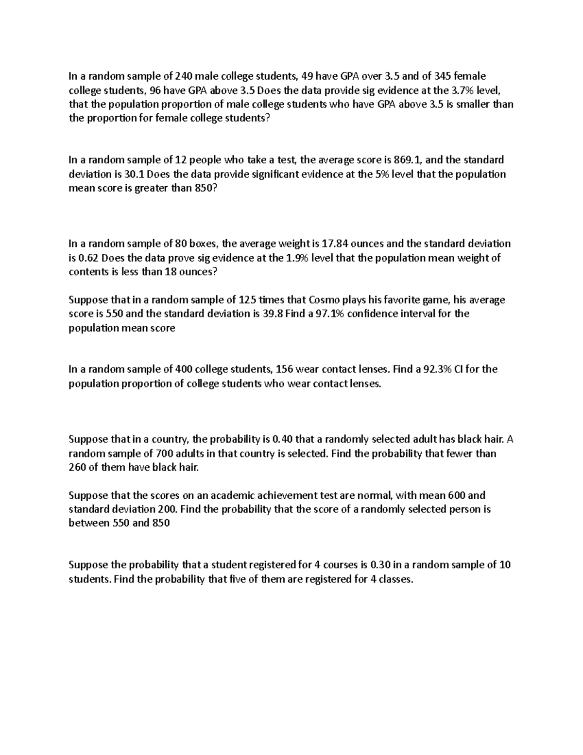 Sample Stats Exam - This document contains practice questions from past ...