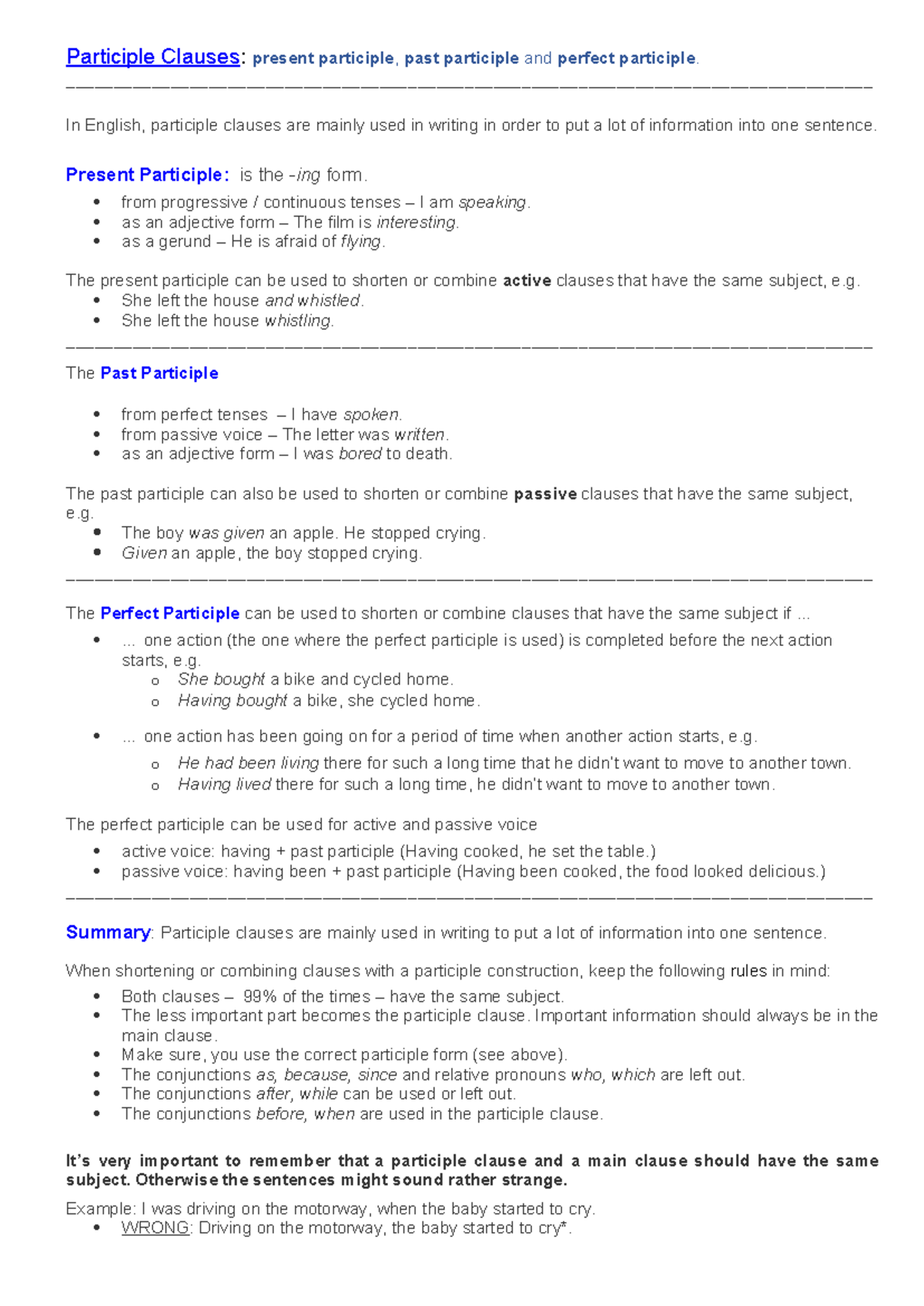 Participle clauses explanation exercises part 1 with ans - Participle ...