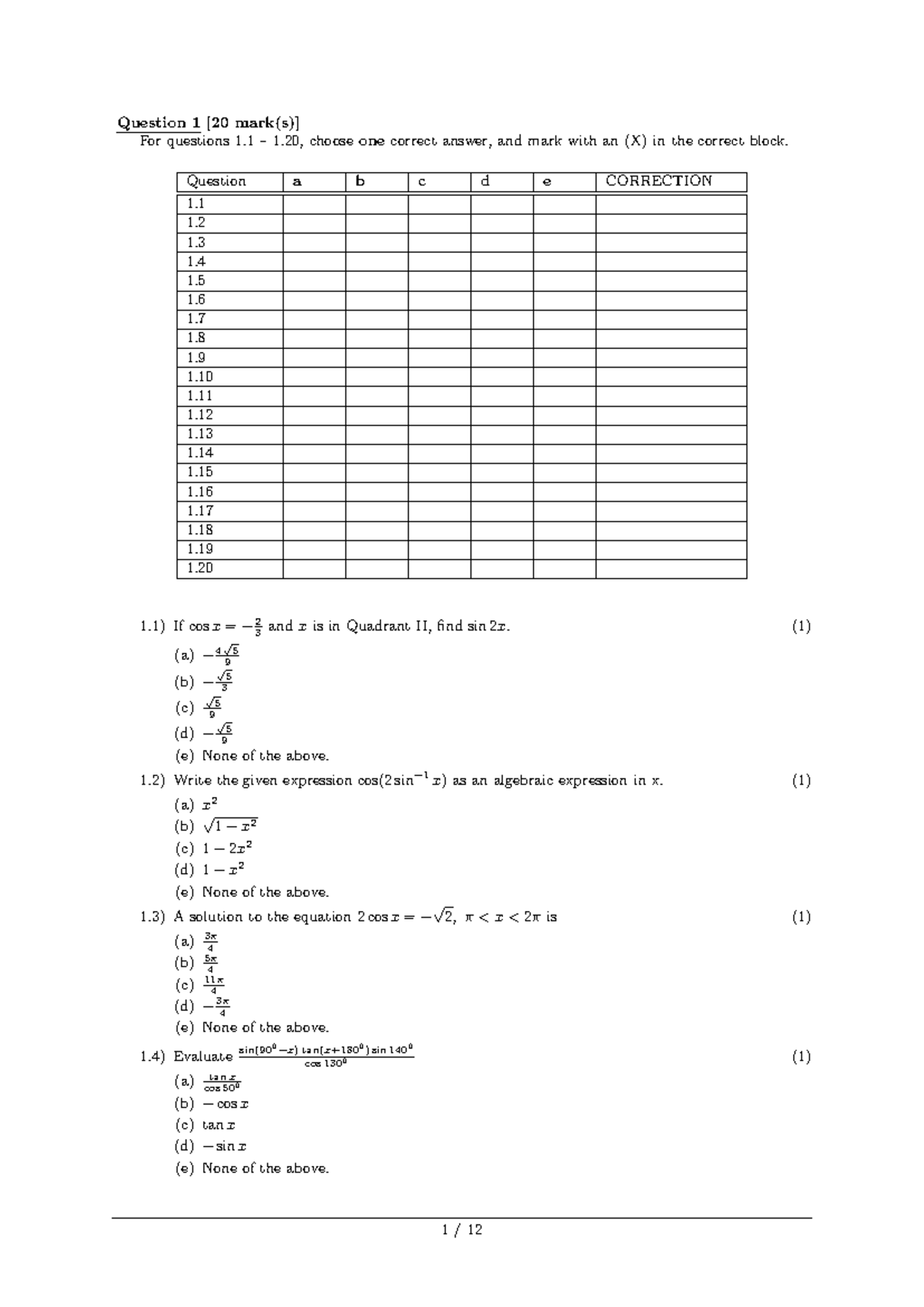MAT1EA1 - EXAM PAPER - Question 1 [20 mark(s)] For questions 1 – 1 ...