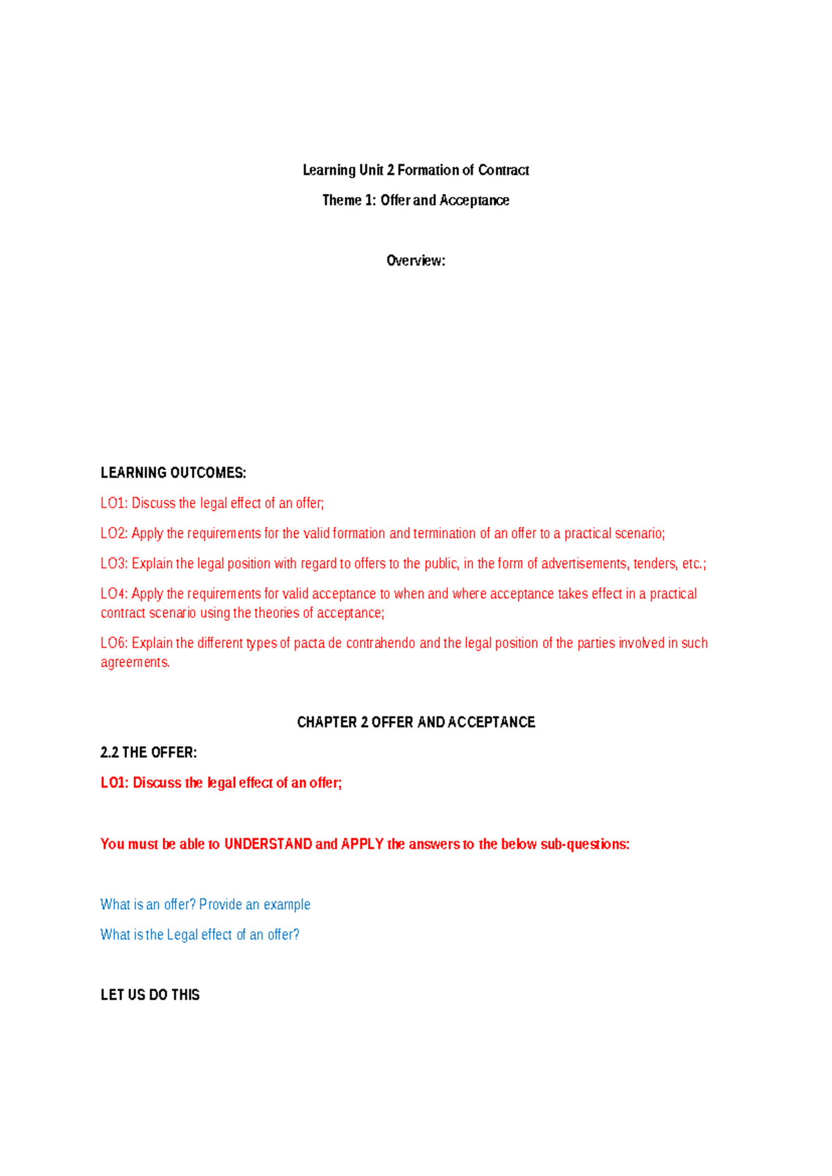 LU2 Theme 1 - Lecture Notes - Learning Unit 2 Formation of Contract ...