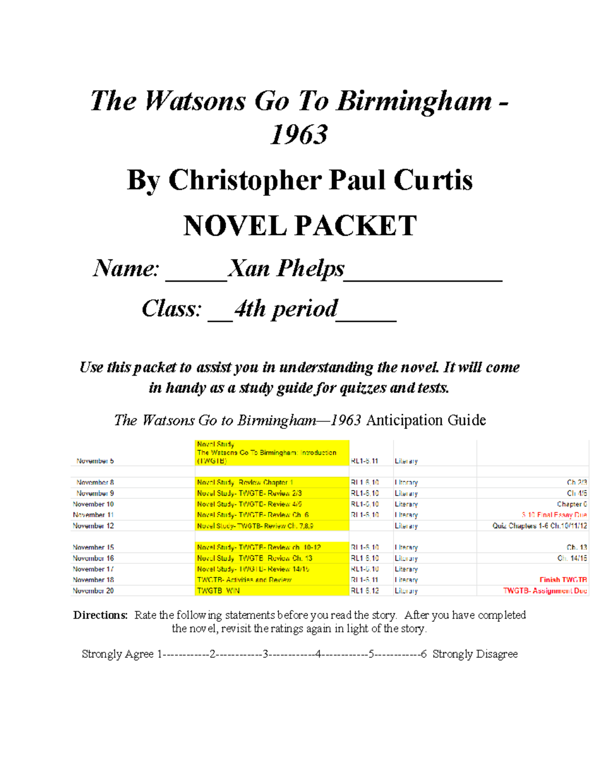 Copy of The Watsons Go To Birmingham - 1963 Reading Guide - The Watsons ...