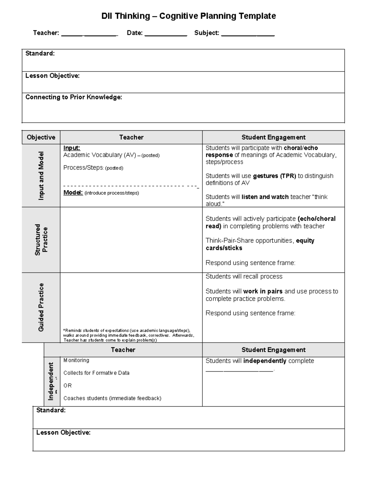 DII Lesson Plan template - DII Thinking – Cognitive Planning Template ...