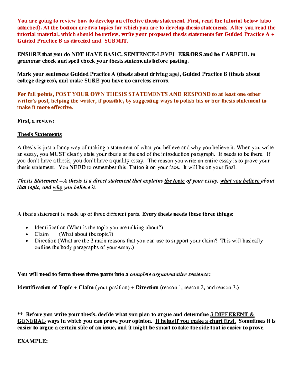 Thesis Statement Activity - You are going to review how to develop an ...