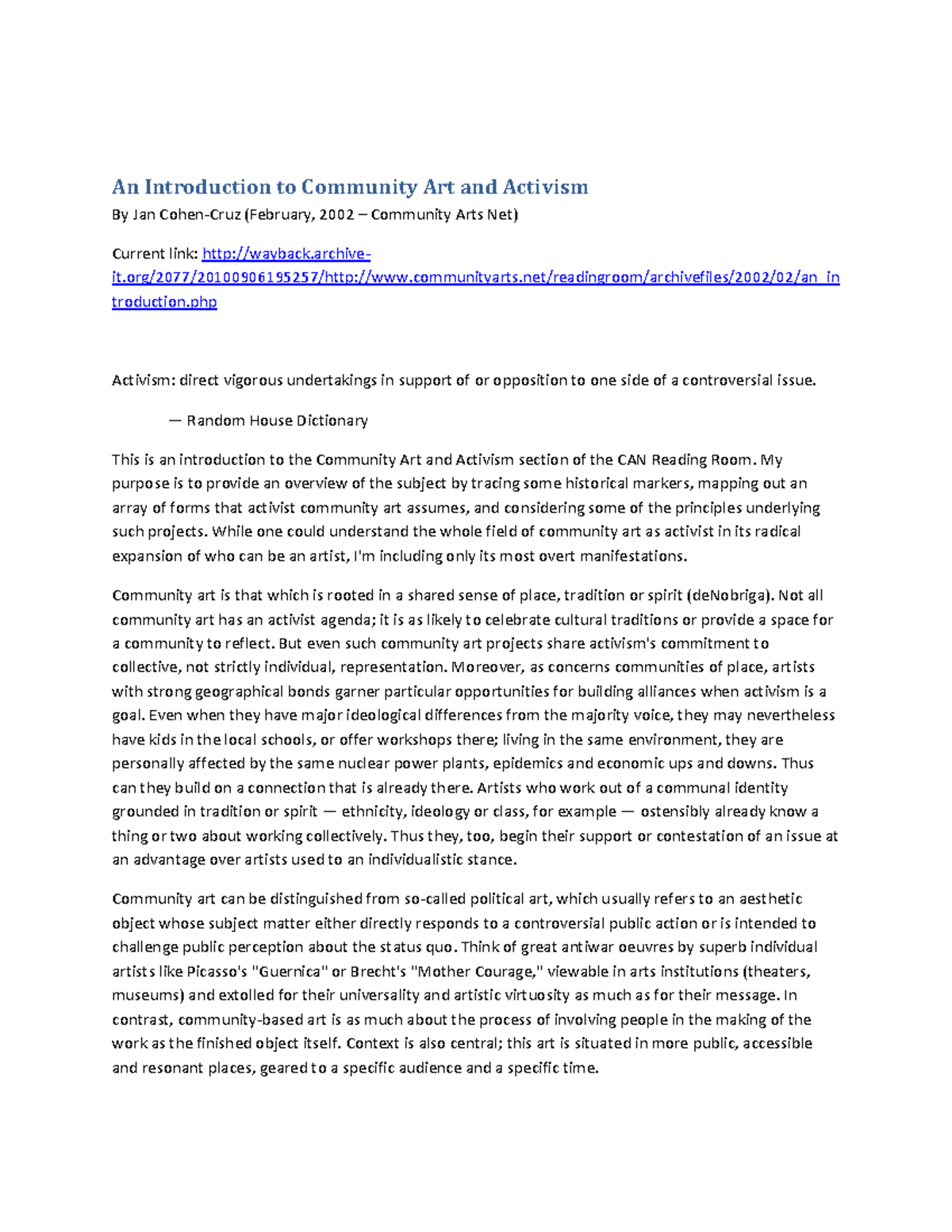 Cohen Introduction to Community Art and Activism - — Random House ...