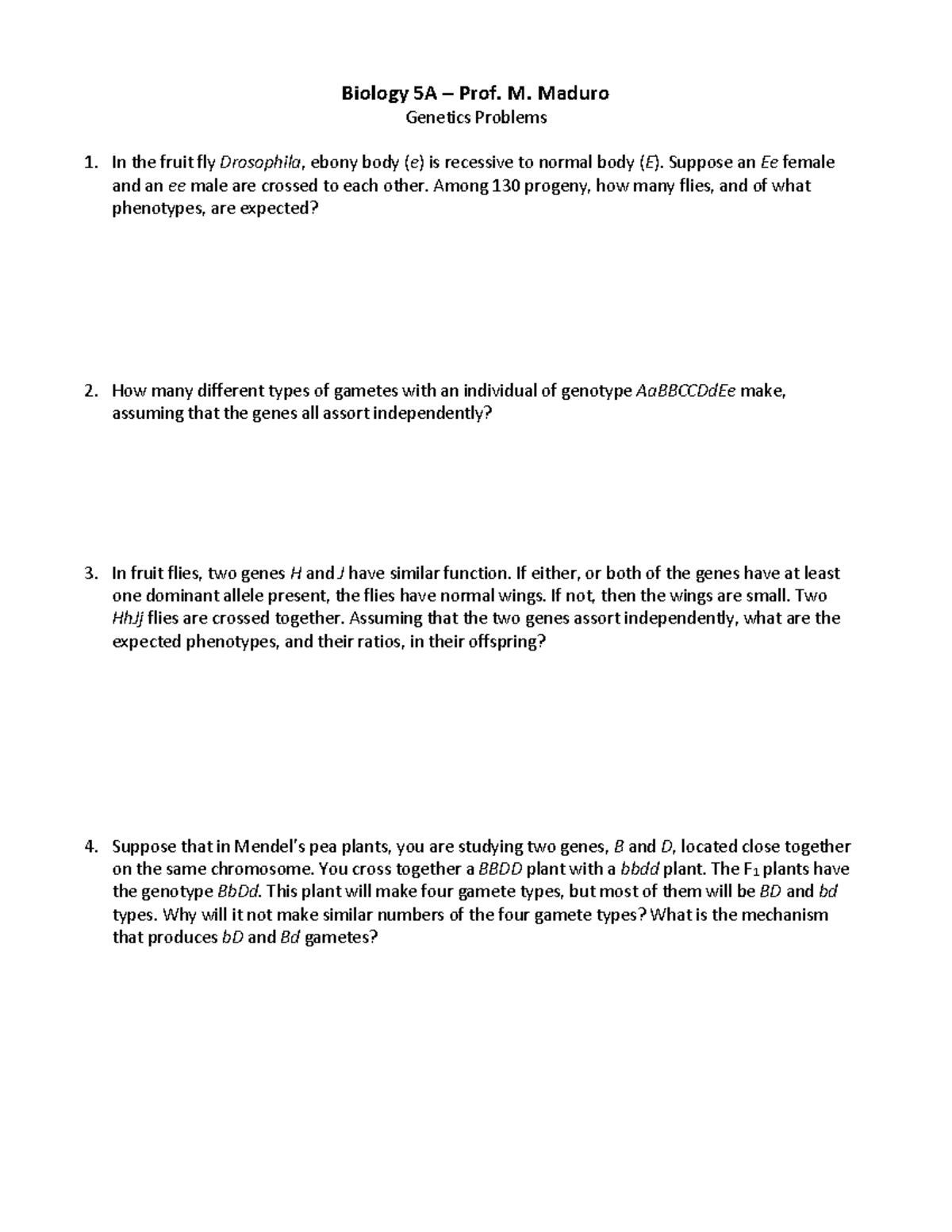 Bio 5A Genetics Problems - Biology 5A – Prof. M. Maduro Genetics ...