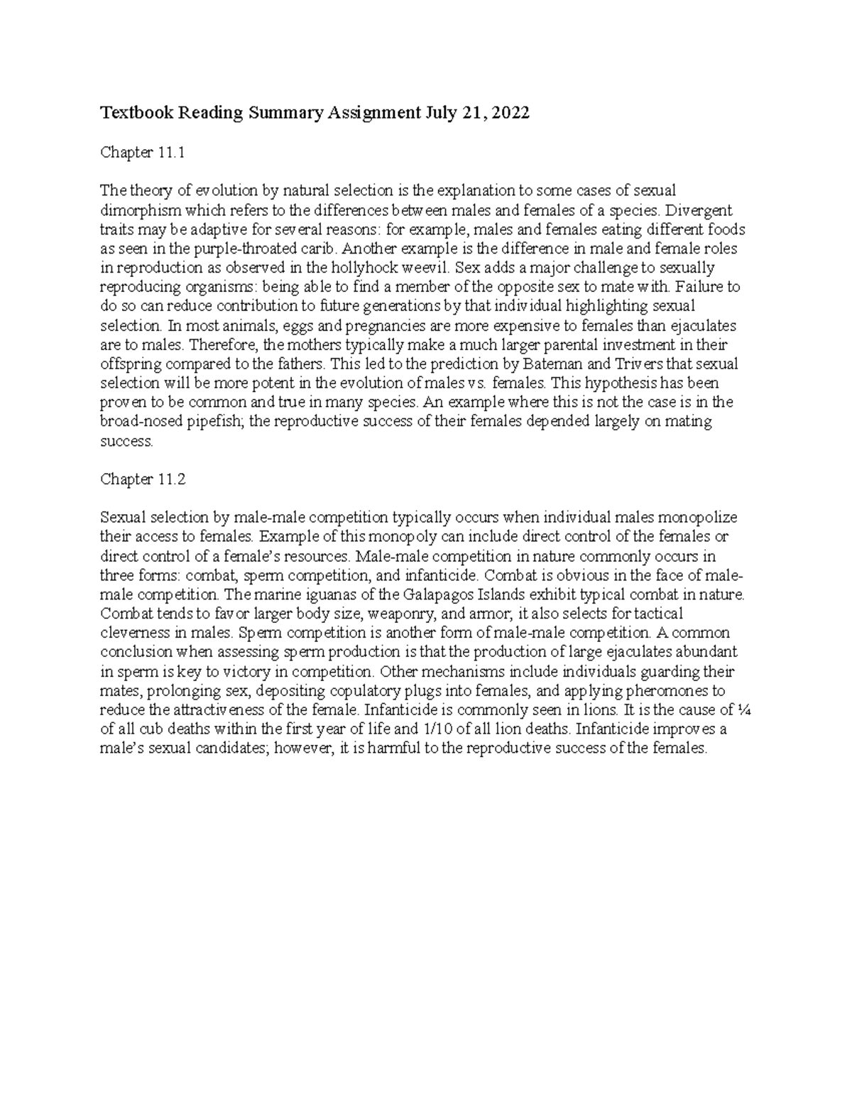 Textbook Summary Assignment - Textbook Reading Summary Assignment July ...
