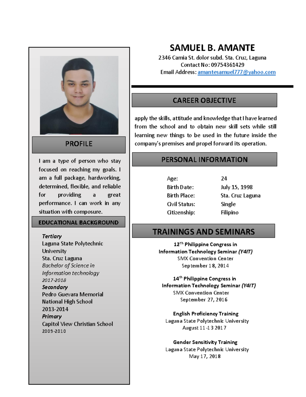 Samuel Amante Pdf Resume - PROFILE EDUCATIONAL BACKGROUND I am a type ...