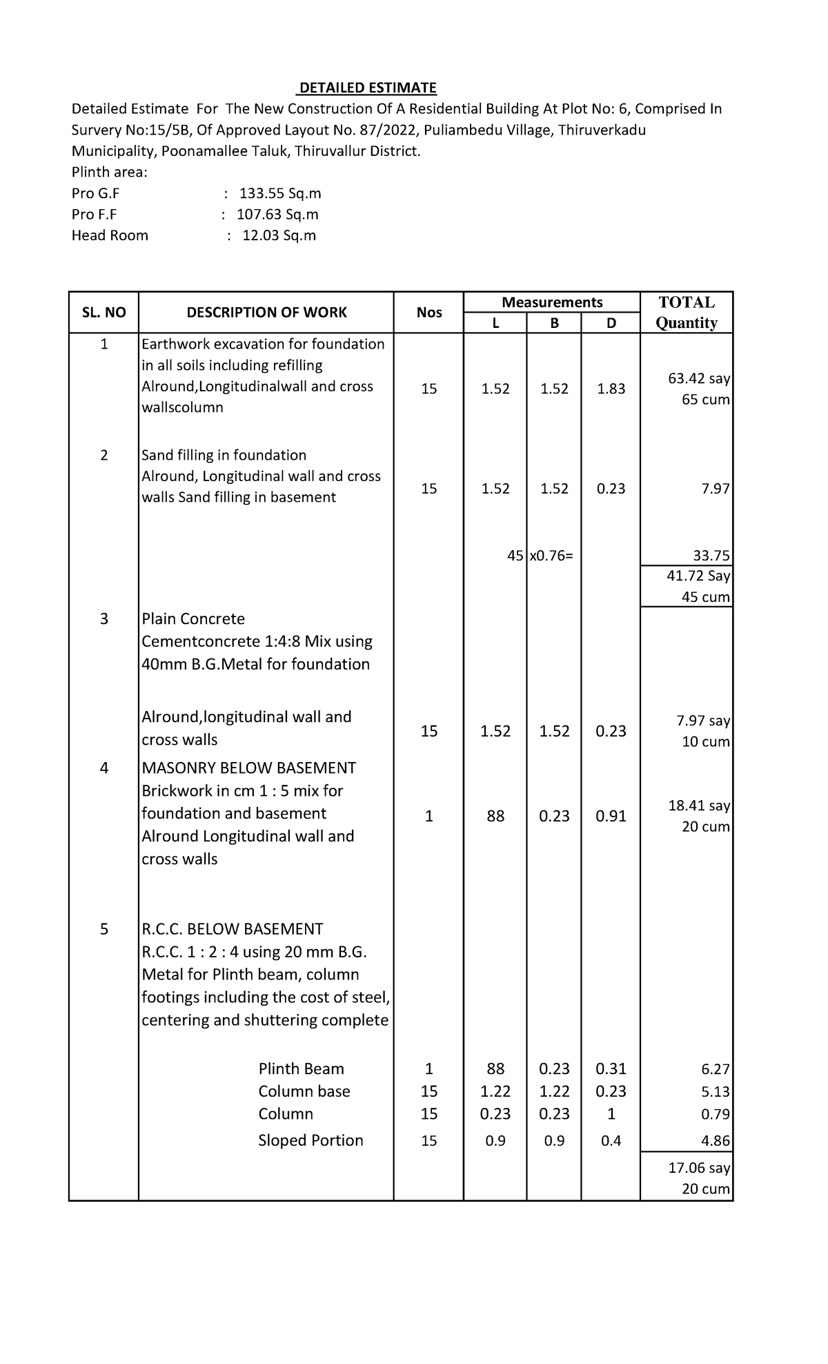 Detaild estimate of PLOT NO 6 Noombal - L B D 1 Earthwork excavation ...