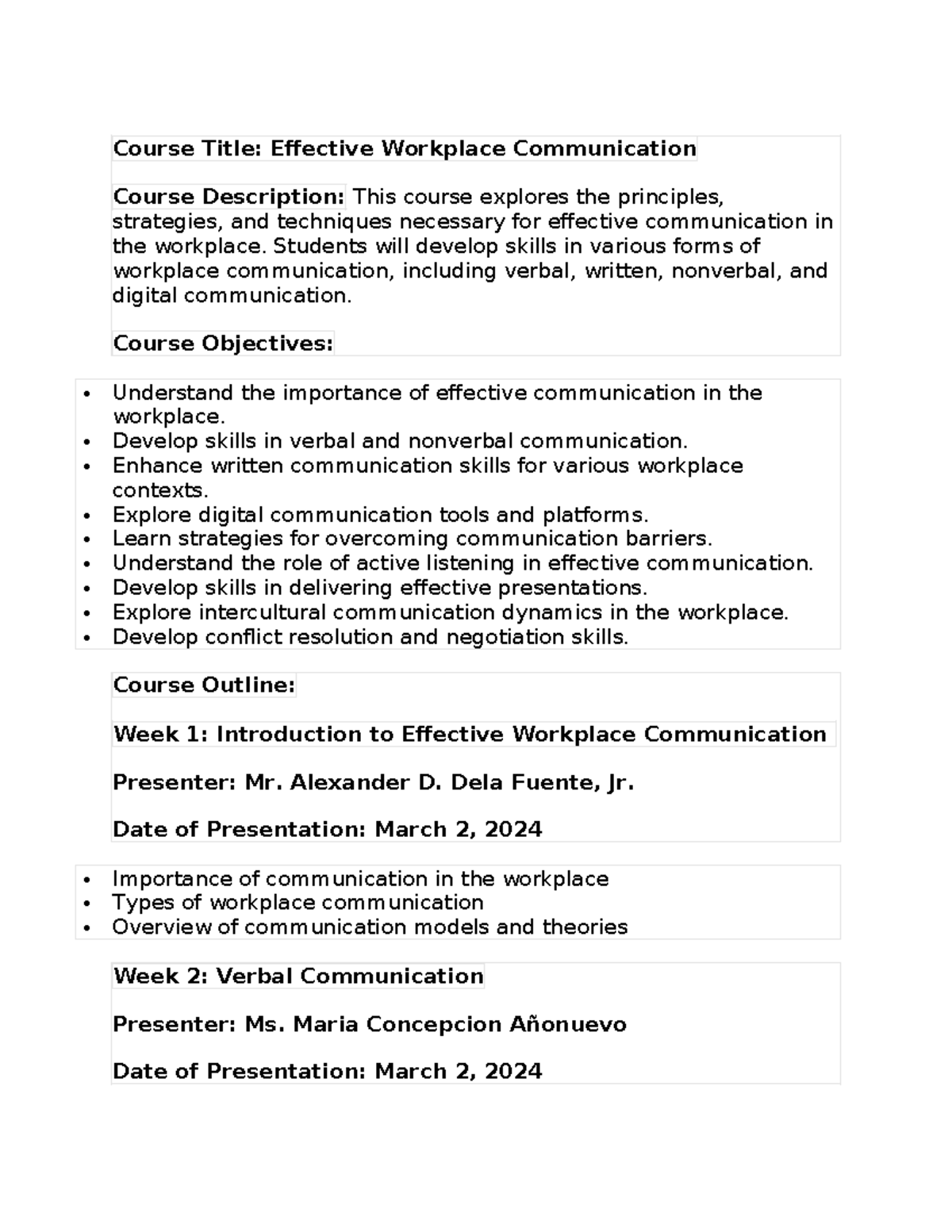 Course Title Effective Communication - Course Title: Effective ...