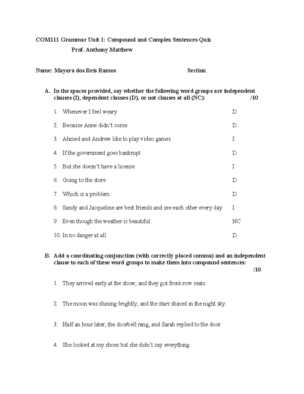 COM111 Compound and Complex Sentences Quiz - COM111 Grammar Unit 1 ...