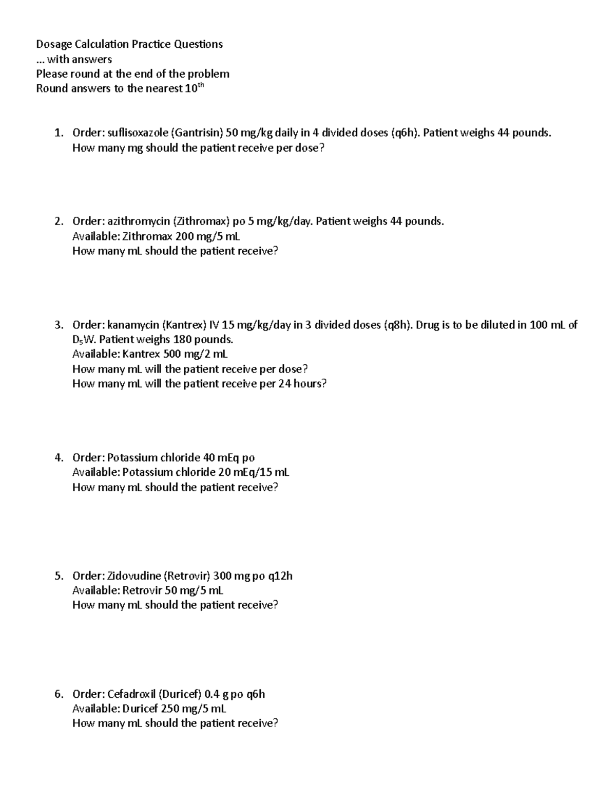 Math practice 2 NUR 257 L - Dosage Calculation Practice Questions ...