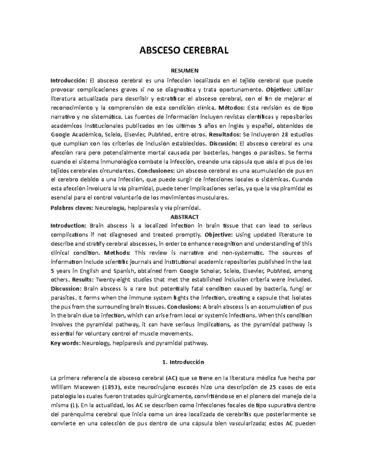 Absceso cerebral - Revisión - ABSCESO CEREBRAL RESUMEN Introducción: El ...