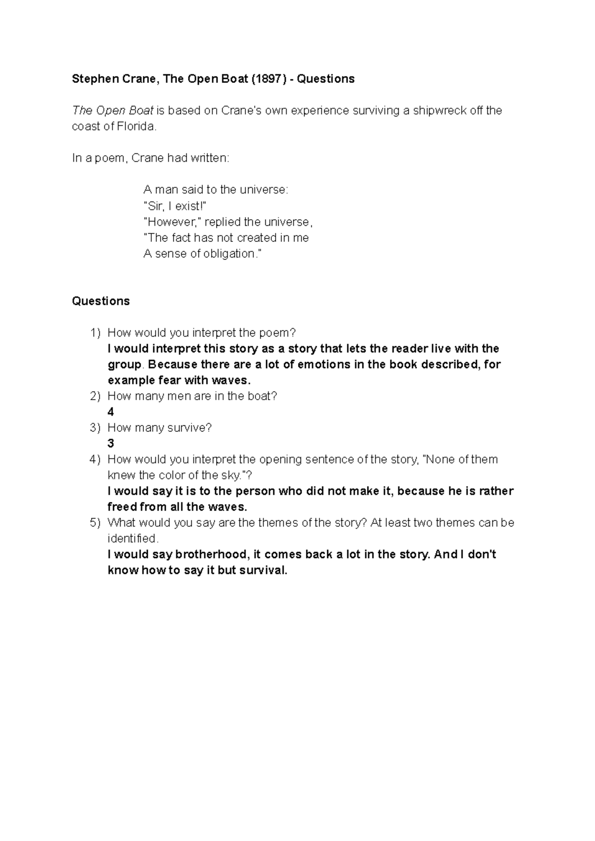 Stephen Crane, The Open Boat - Questis - Stephen Crane, The Open Boat ...