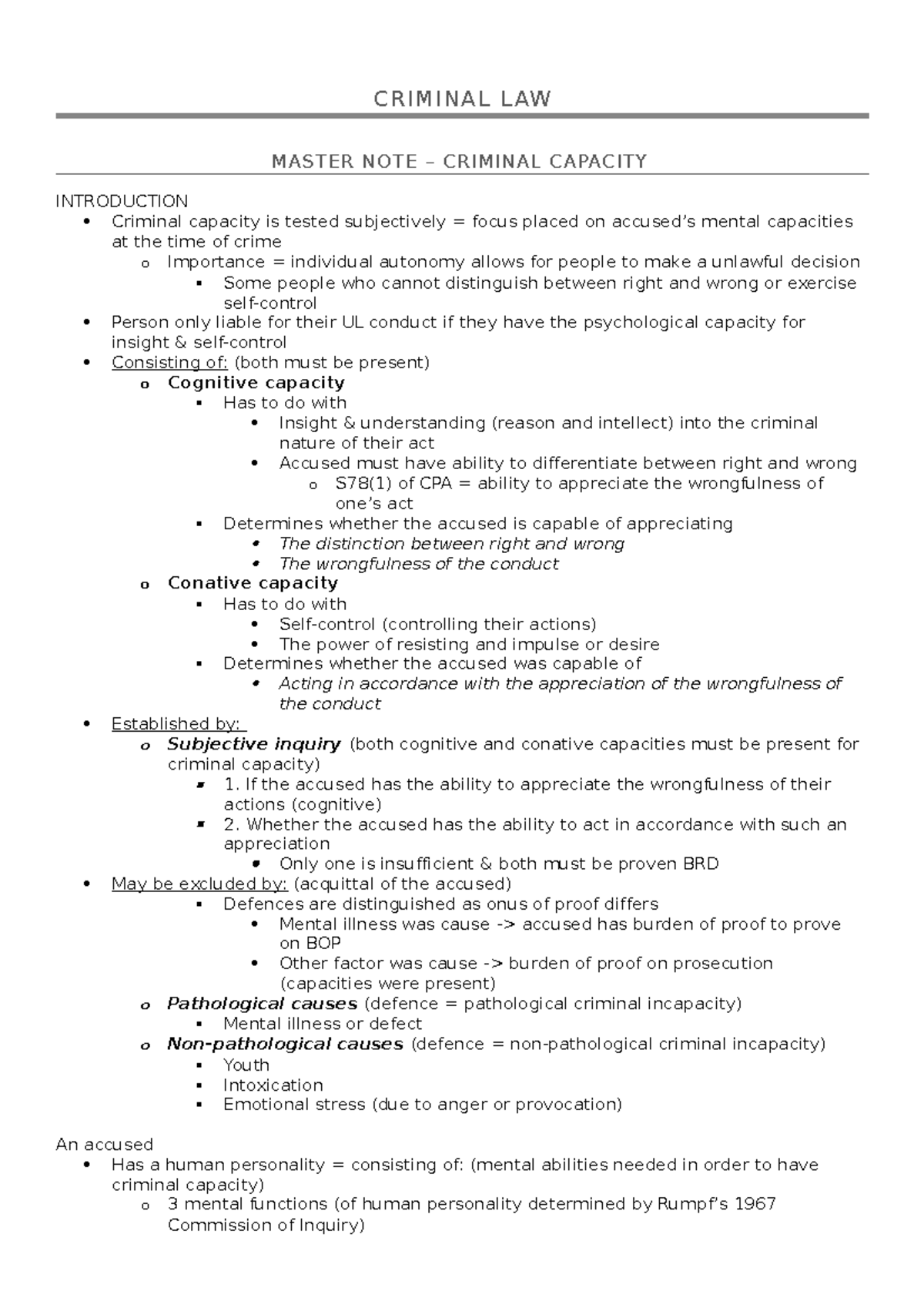 Master Note - Criminal Capacity - CRIMINAL LAW MASTER NOTE – CRIMINAL ...