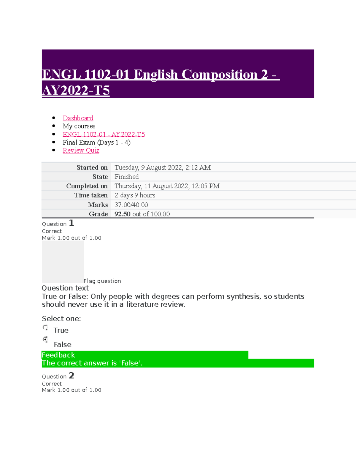 ENGL 1102 review quiz unit 9 - ENGL 1102-01 English Composition 2 ...