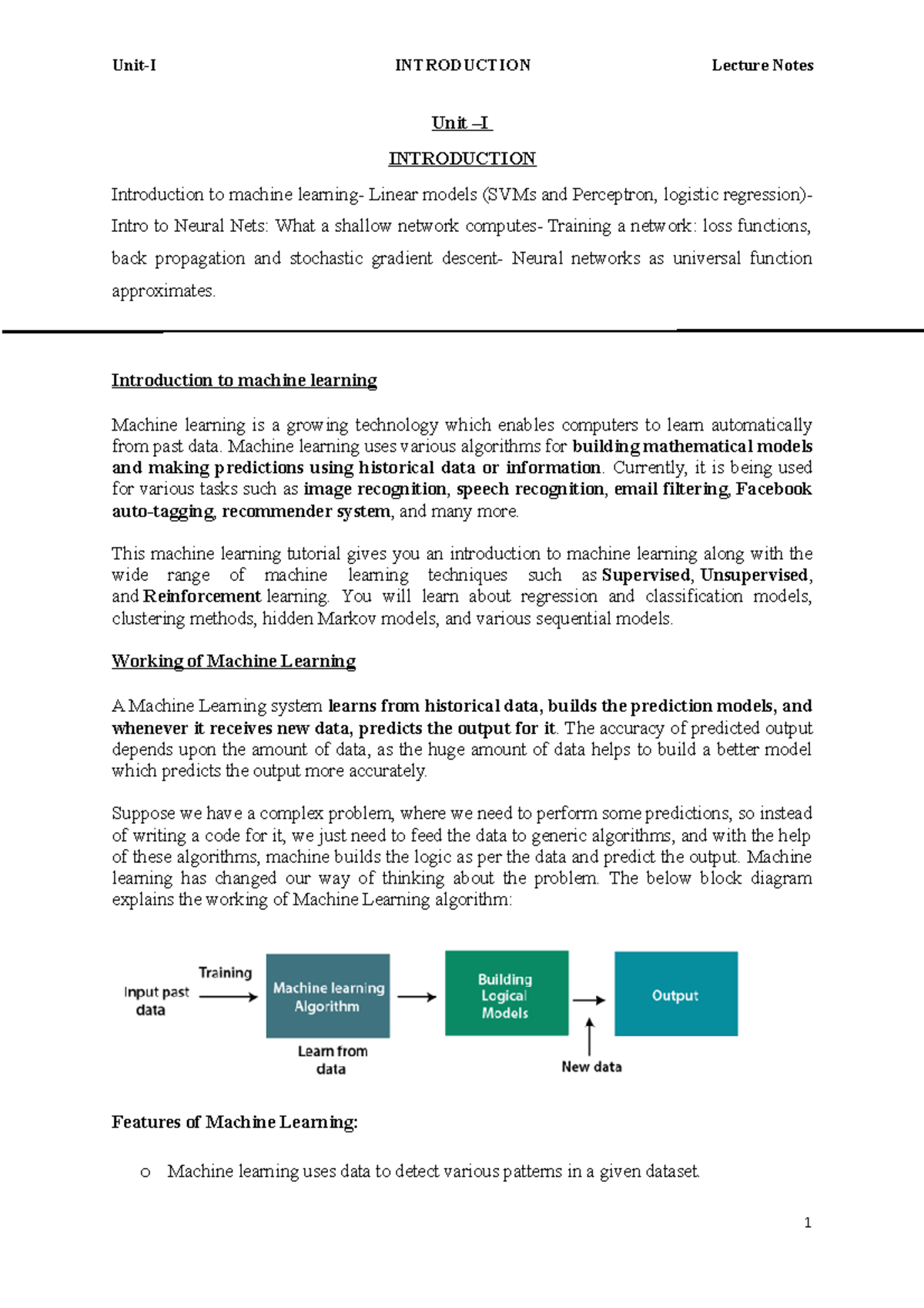 Unit-I - Unit –I INTRODUCTION Introduction to machine learning- Linear models (SVMs and ...