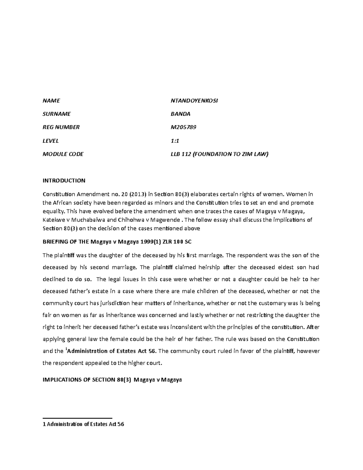 Ntandoyenkosi Banda LLB112 Assignment 1 - NAME NTANDOYENKOSI SURNAME ...