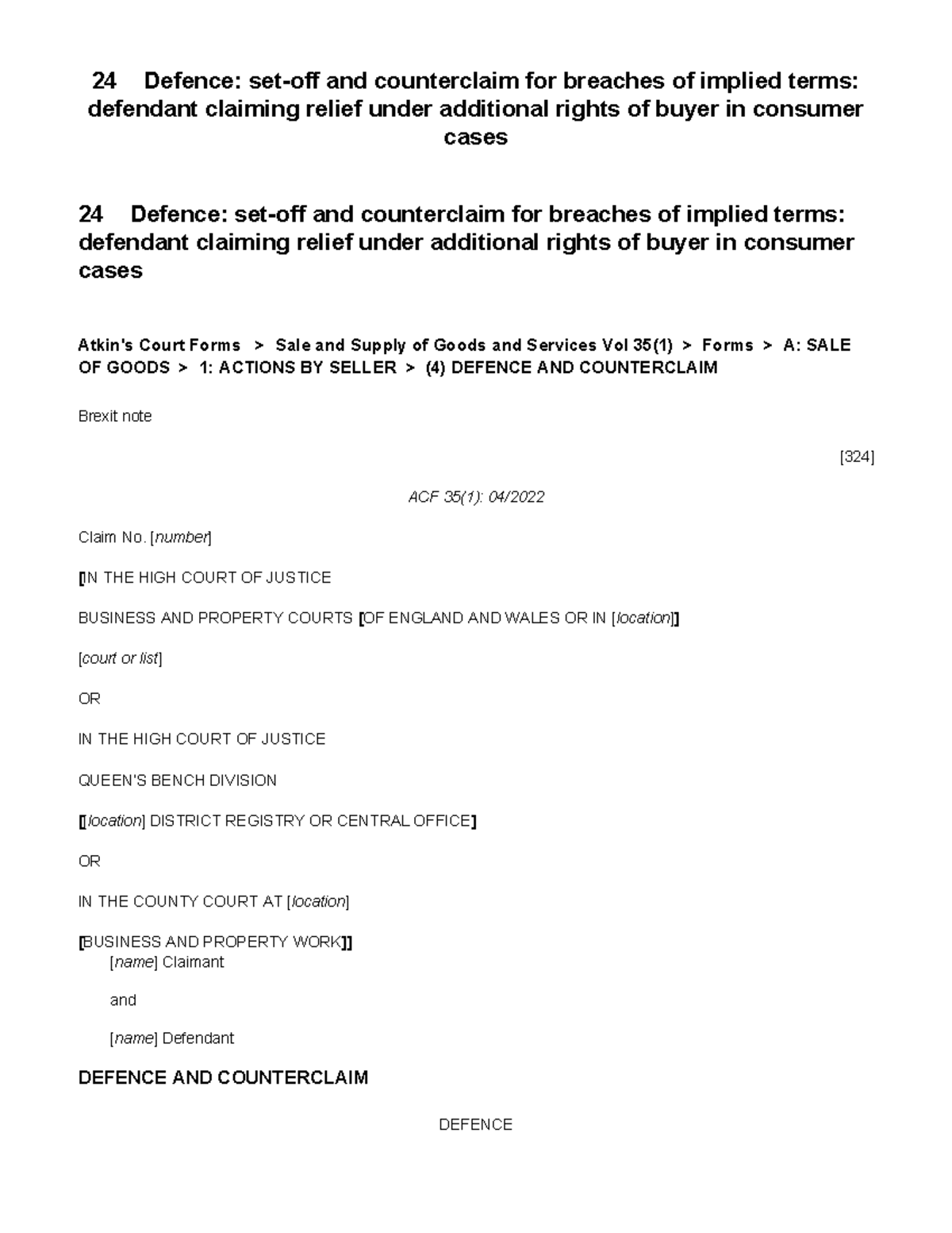 24 Defence set-off and counterclaim for breaches of implied terms ...