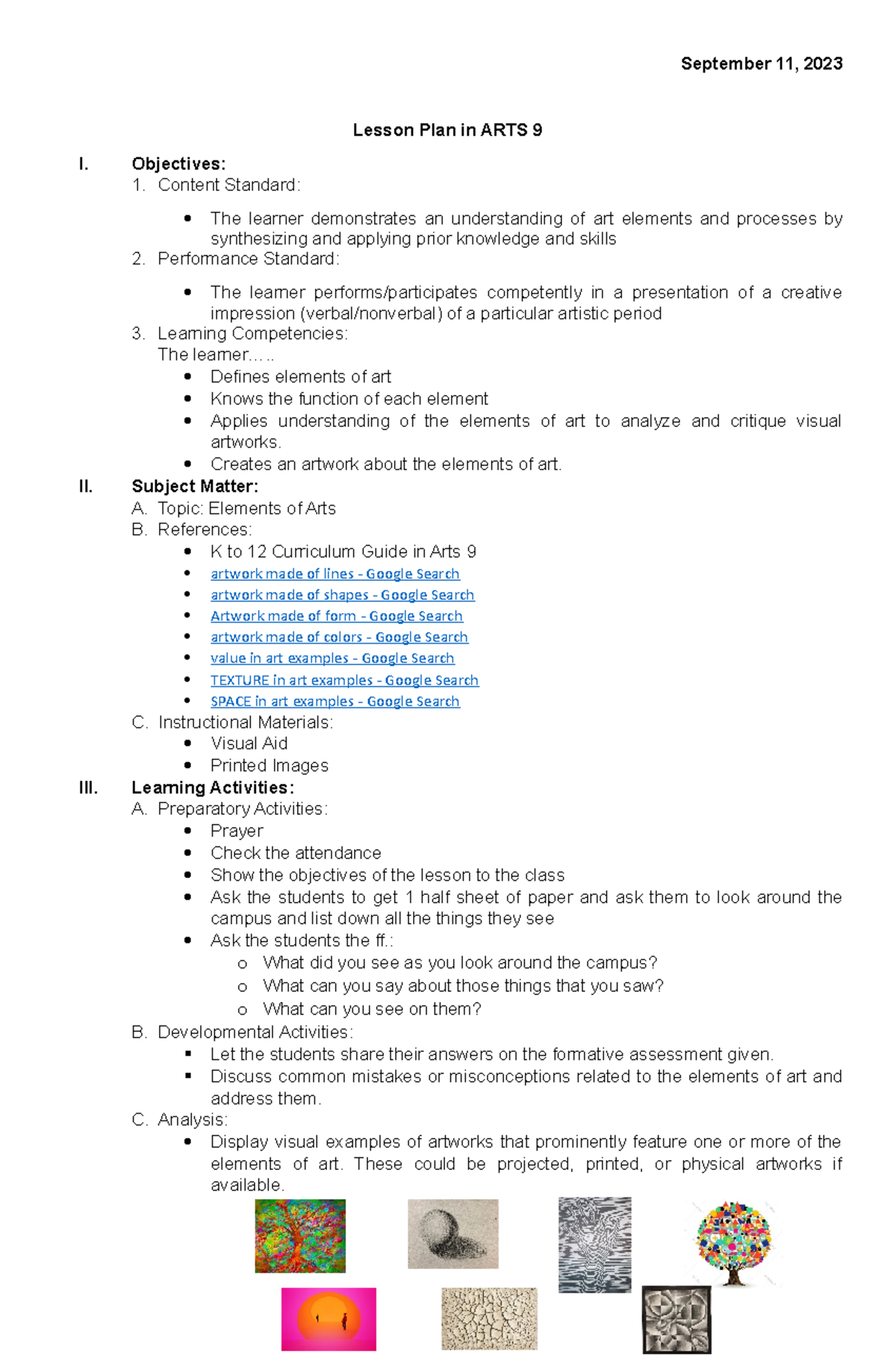 Lesson Plan in ARTS 9 - Elements OF ART 1 - September 11, 2023 Lesson ...