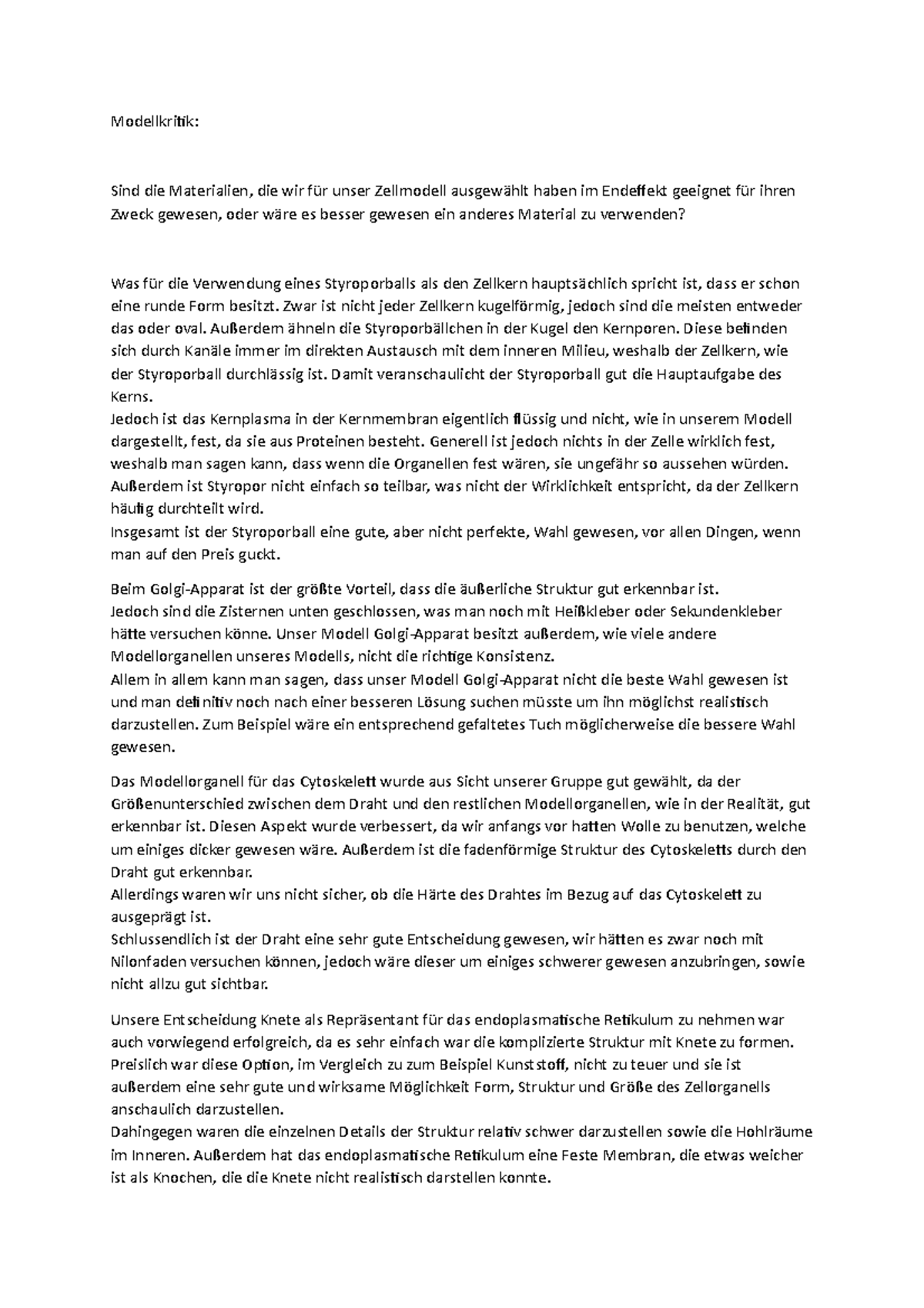 Modellkritik - Bau einer Zelle - Modellkritik: Sind die Materialien ...