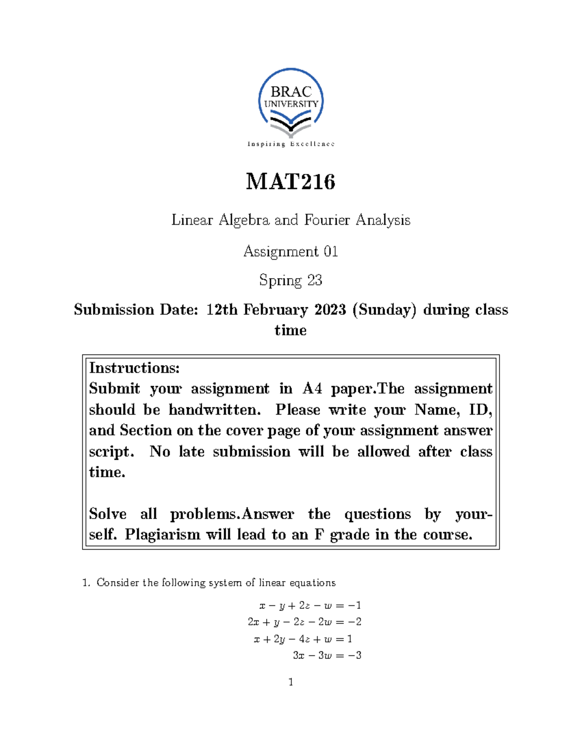 MAT216 Spring 23 Assignment 1 - MAT Linear Algebra and Fourier Analysis Assignment 01 Spring 23 ...