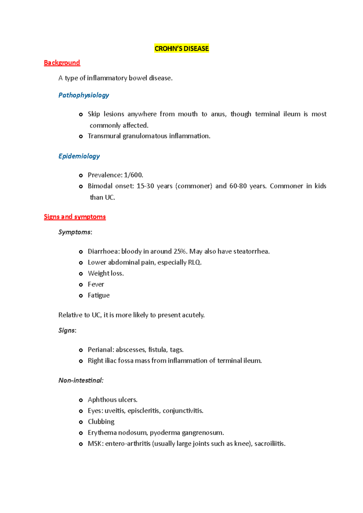 Crohn's disease - Lecture notes 1 - CROHN’S DISEASE Background A type ...