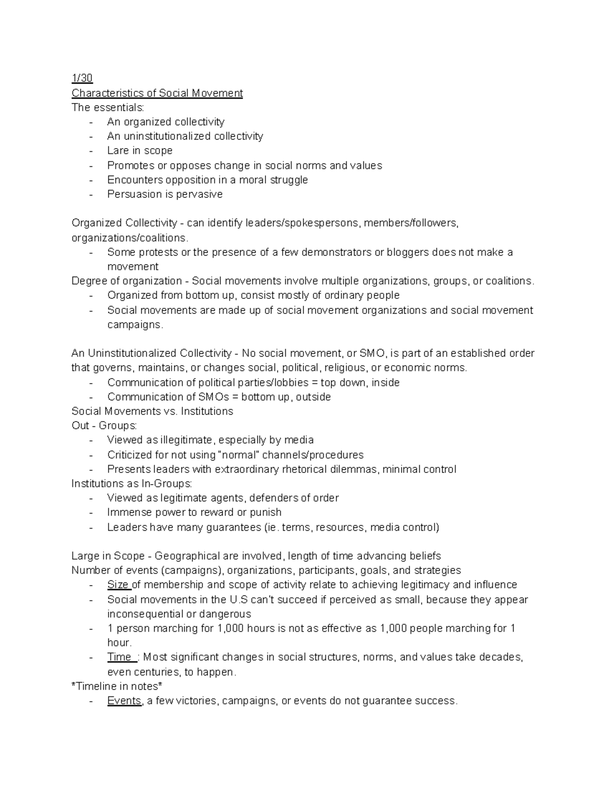 COM social change notes - 1/ Characteristics of Social Movement The ...