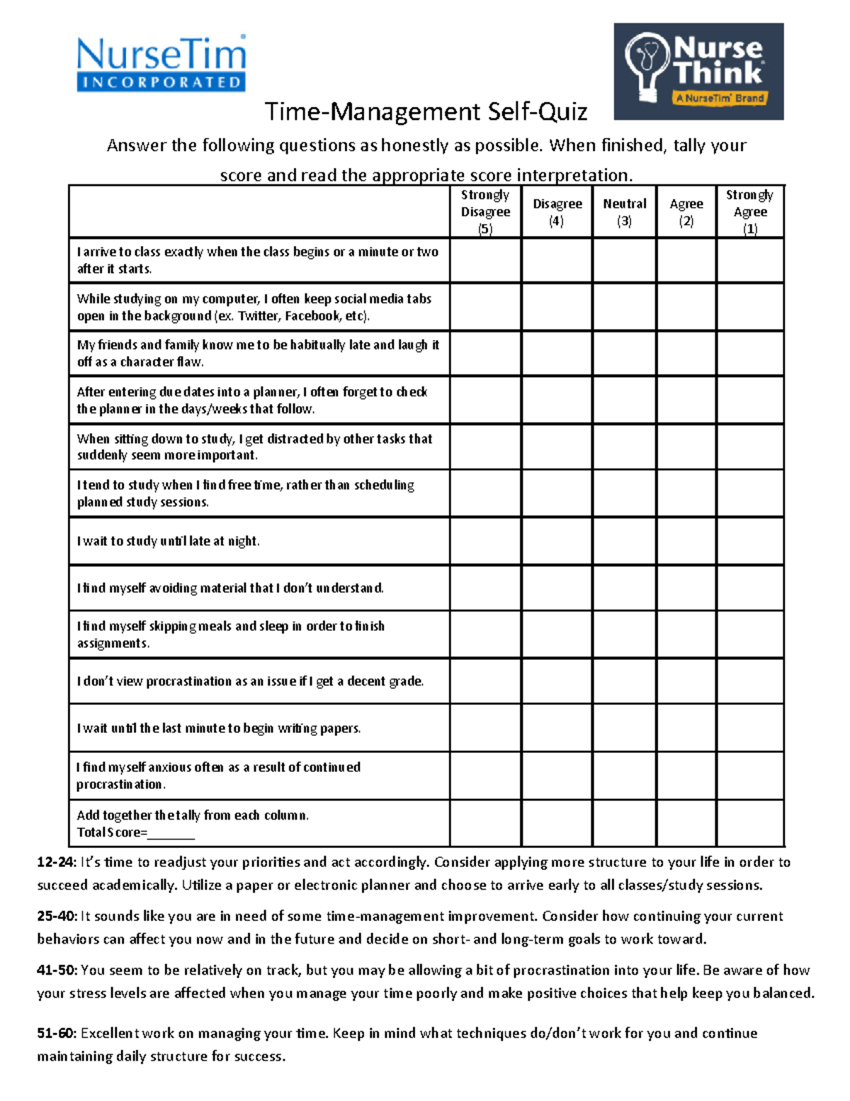 Life Management Self-Quiz Nurse Tim editable - Time-Management Self ...
