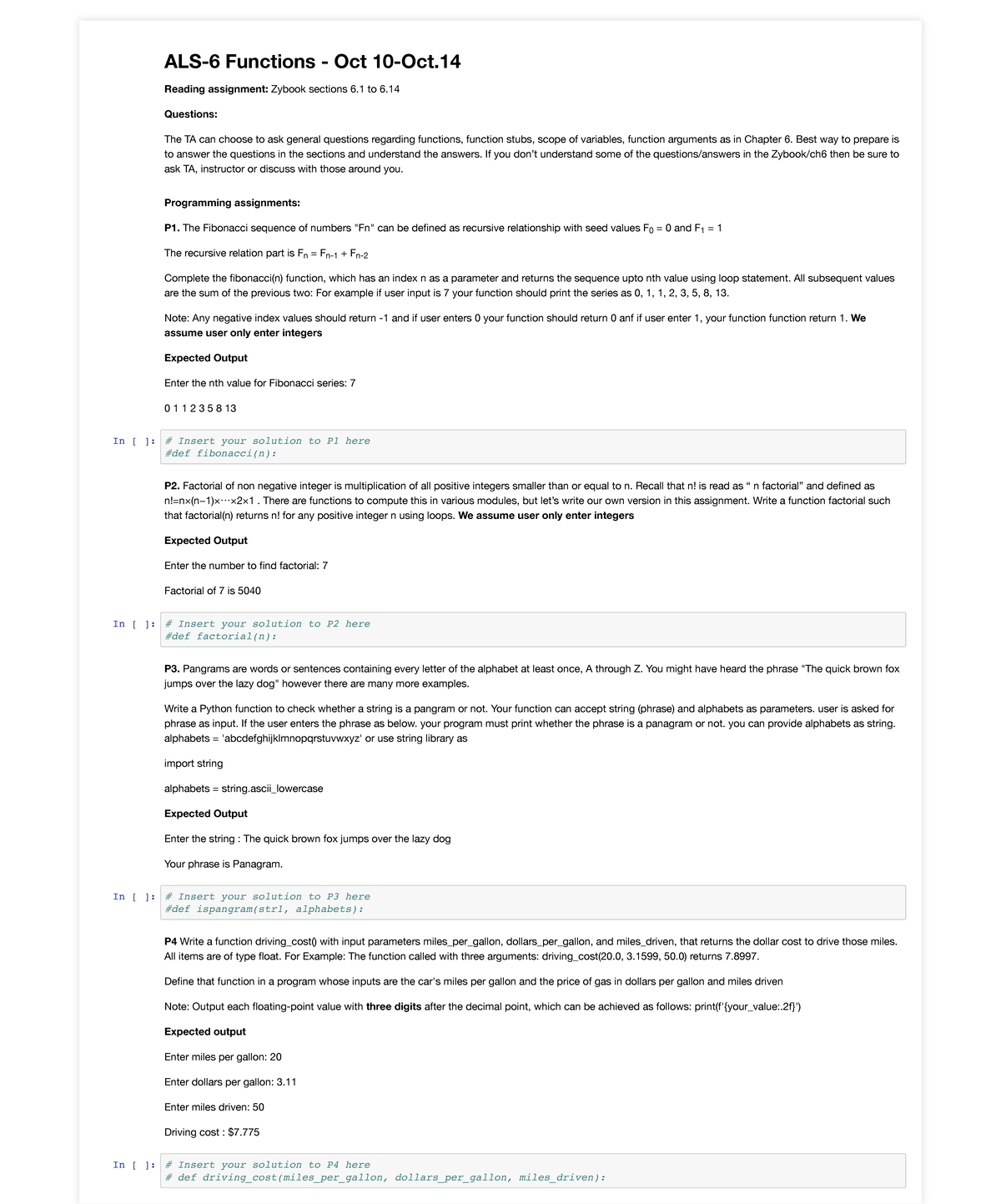 ALS6 Functions - Assignment of week 6 - ALS-6 Functions - Oct 10-Oct. Reading assignment: Zybook ...