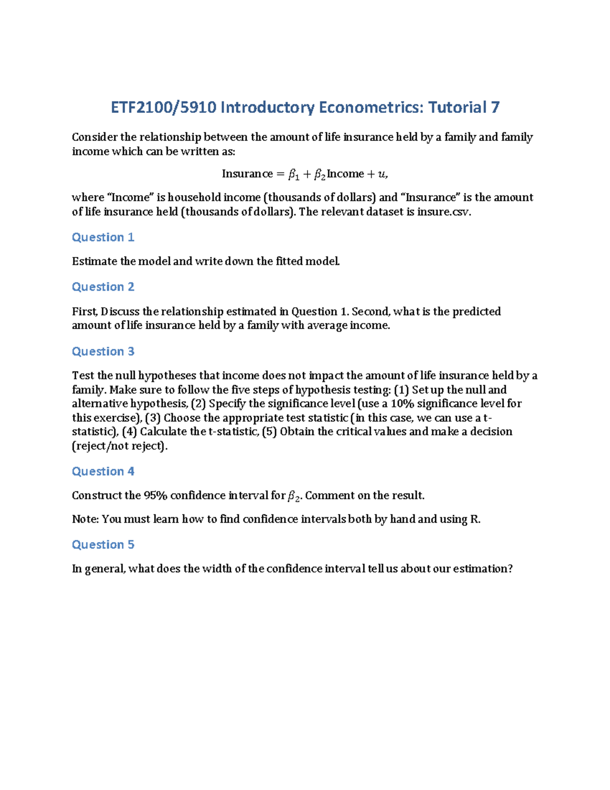 Week 7 Tutorial Questions Etf2100 5910 Introductory Econometrics Tutorial 7 Consider The