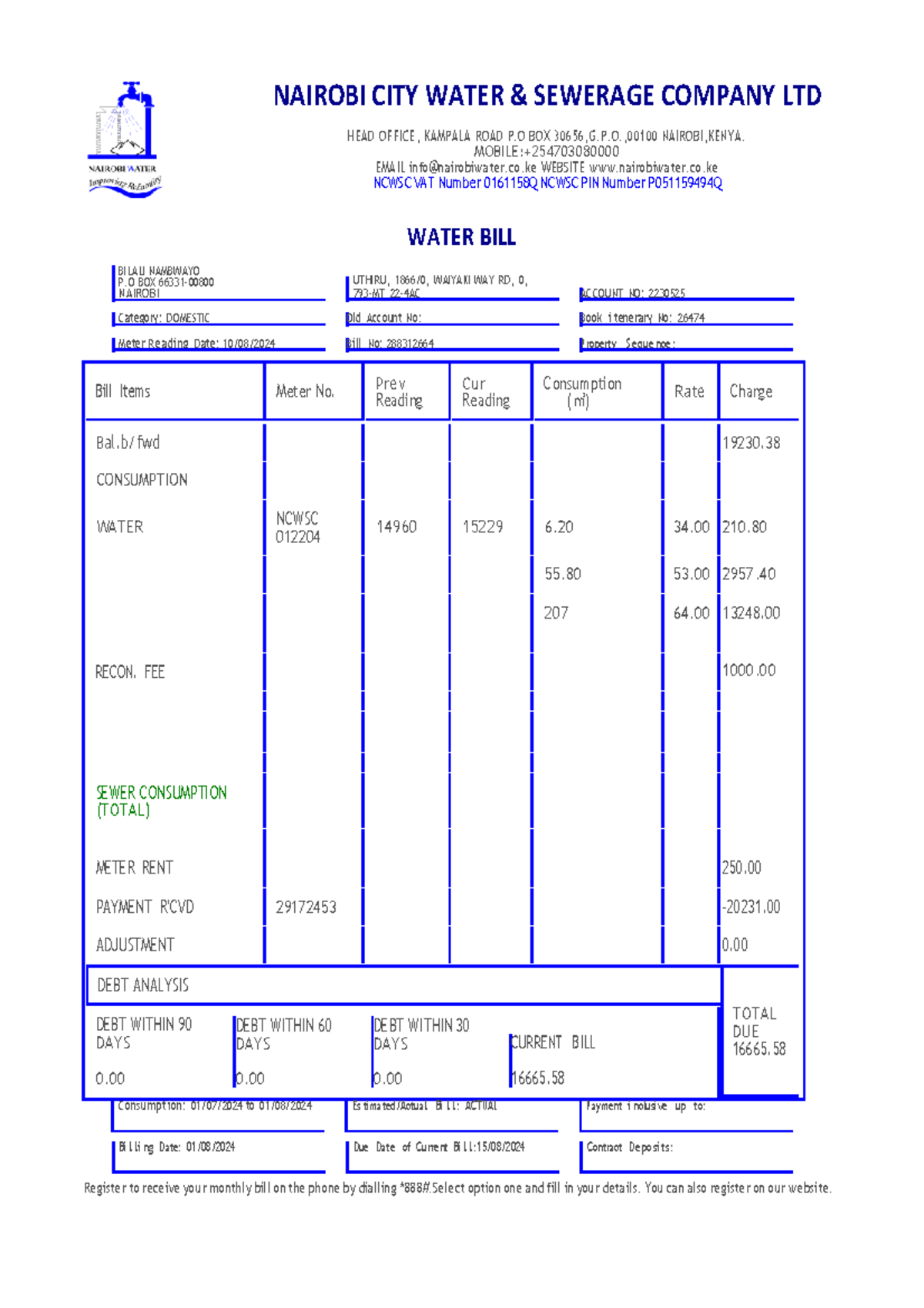 Bilali Water BILL - study material - Bill Items Meter No. Prev Reading ...