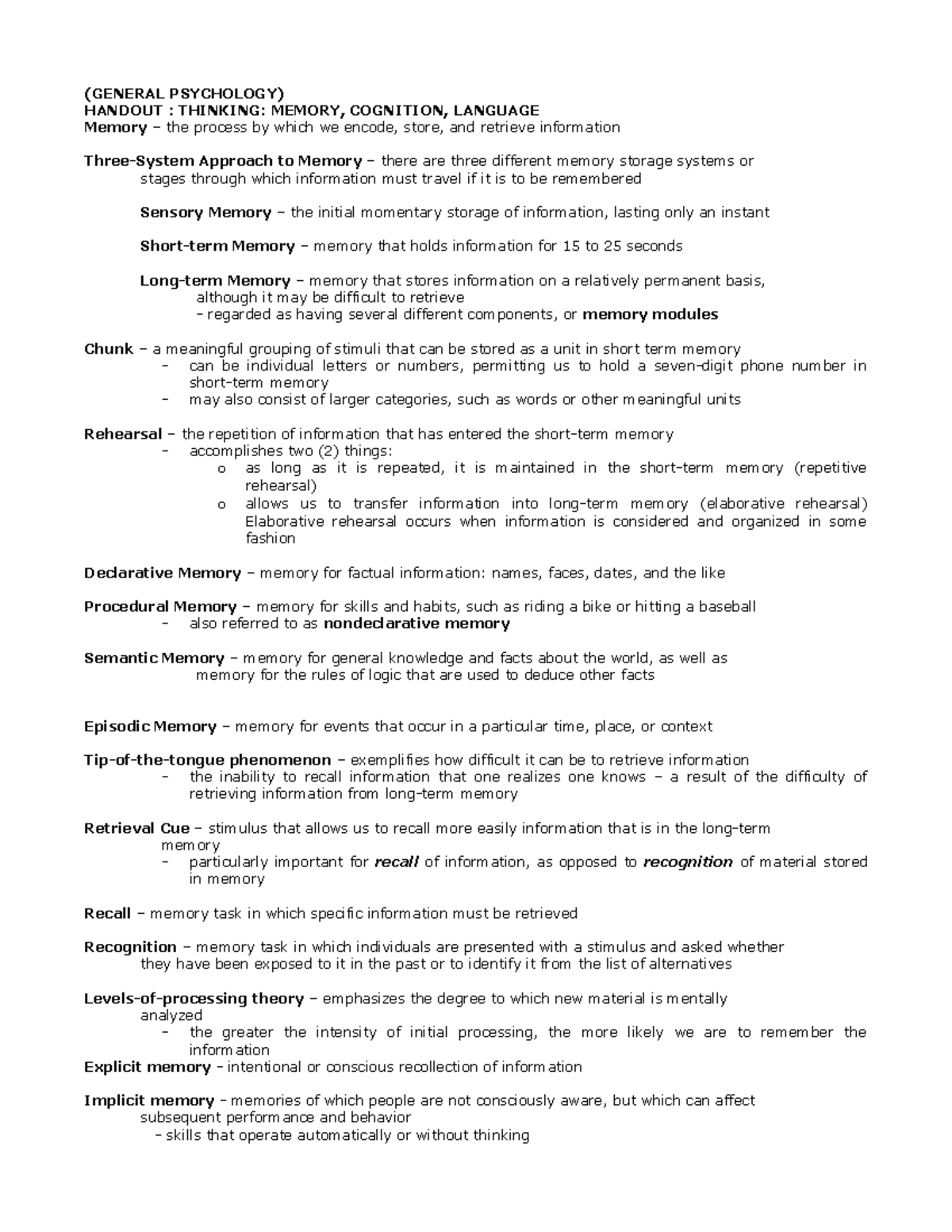 Handout-07- Thinking - (GENERAL PSYCHOLOGY) HANDOUT : THINKING: MEMORY ...