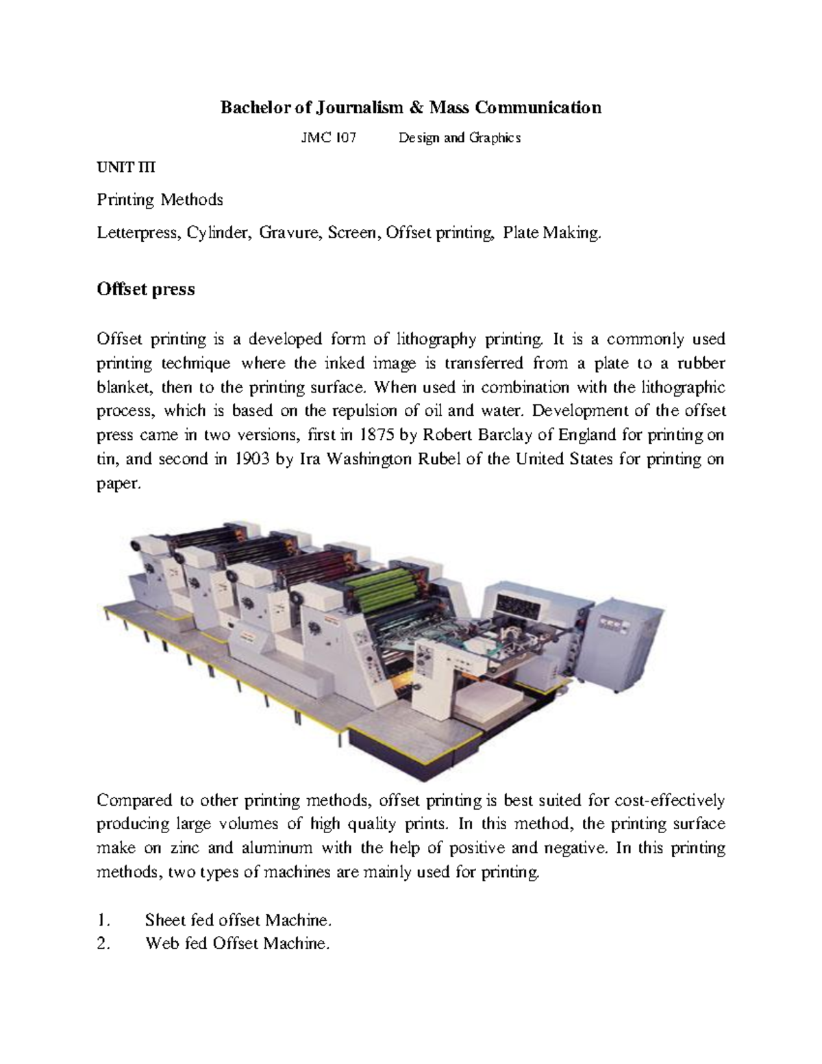 JMC 107 Design and Graphics- Printing Process (Offset and Plate Making ...