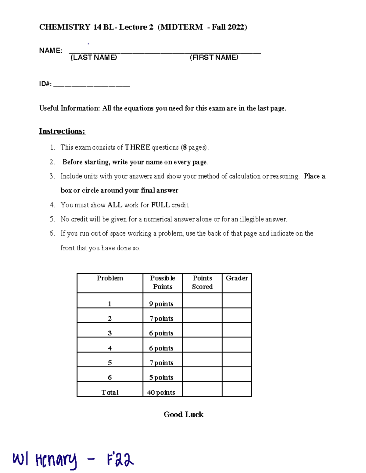 Chem 14BL, F22, Midterm (with corrections) - CHEMISTRY 14 BL- Lecture 2 ...