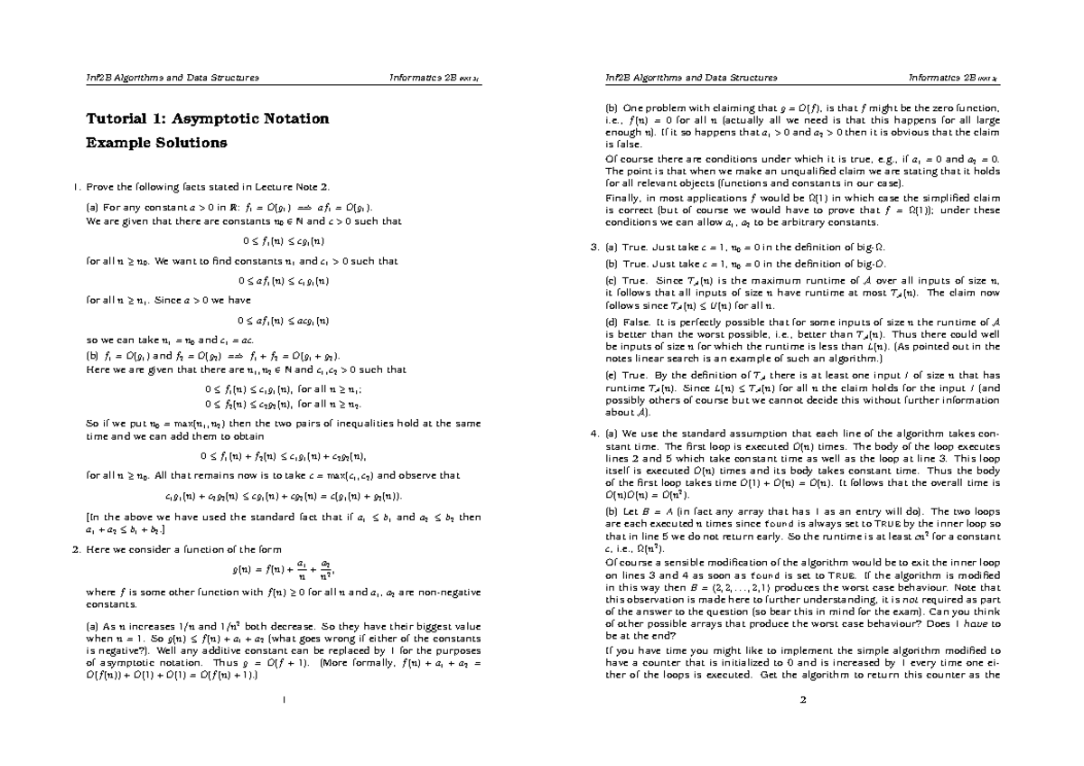 Tutorial Solutions 01 Inf2b Algorithms And Data Structures Informatics 2b Kk1 Tutorial 1