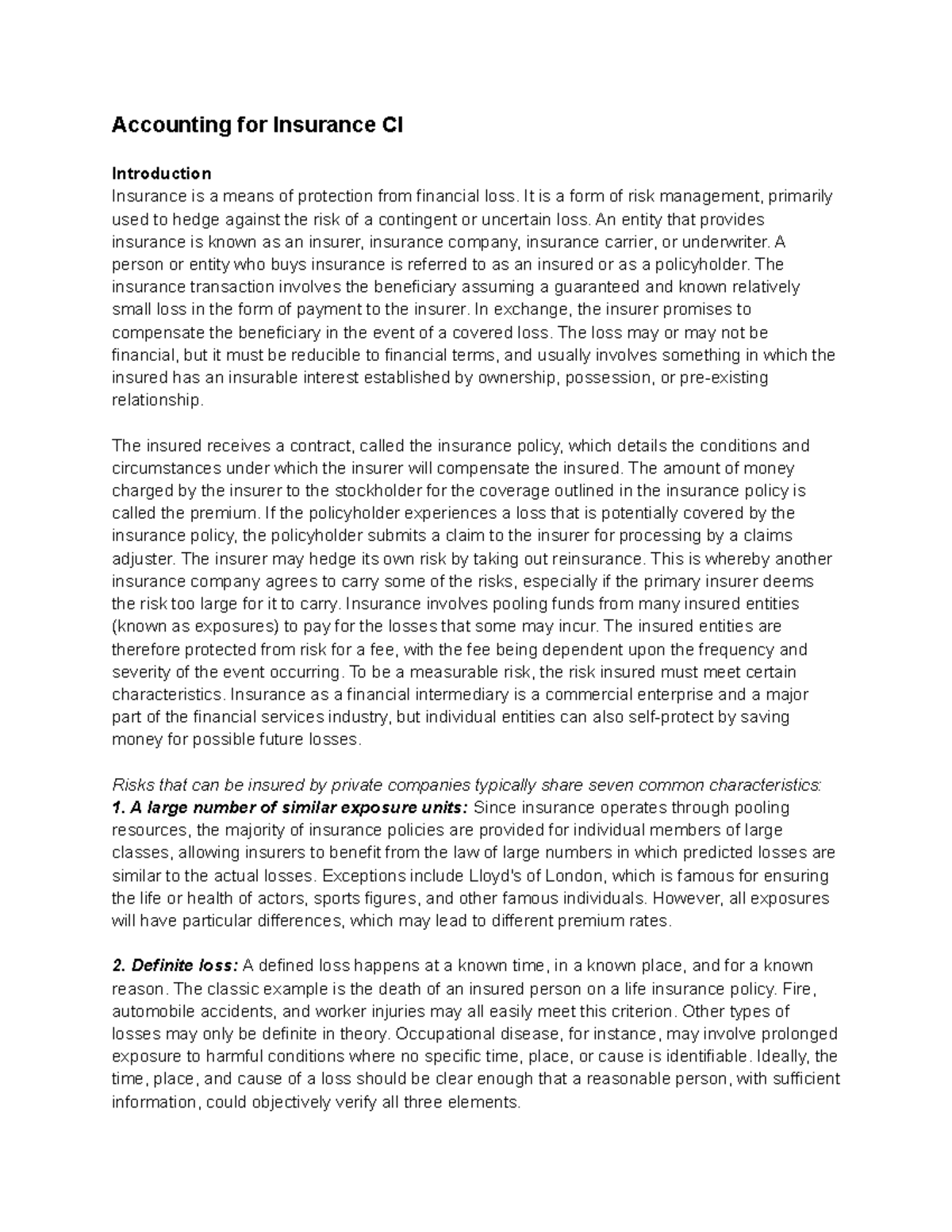 Accounting for Insurance CI - Accounting for Insurance CI Introduction ...