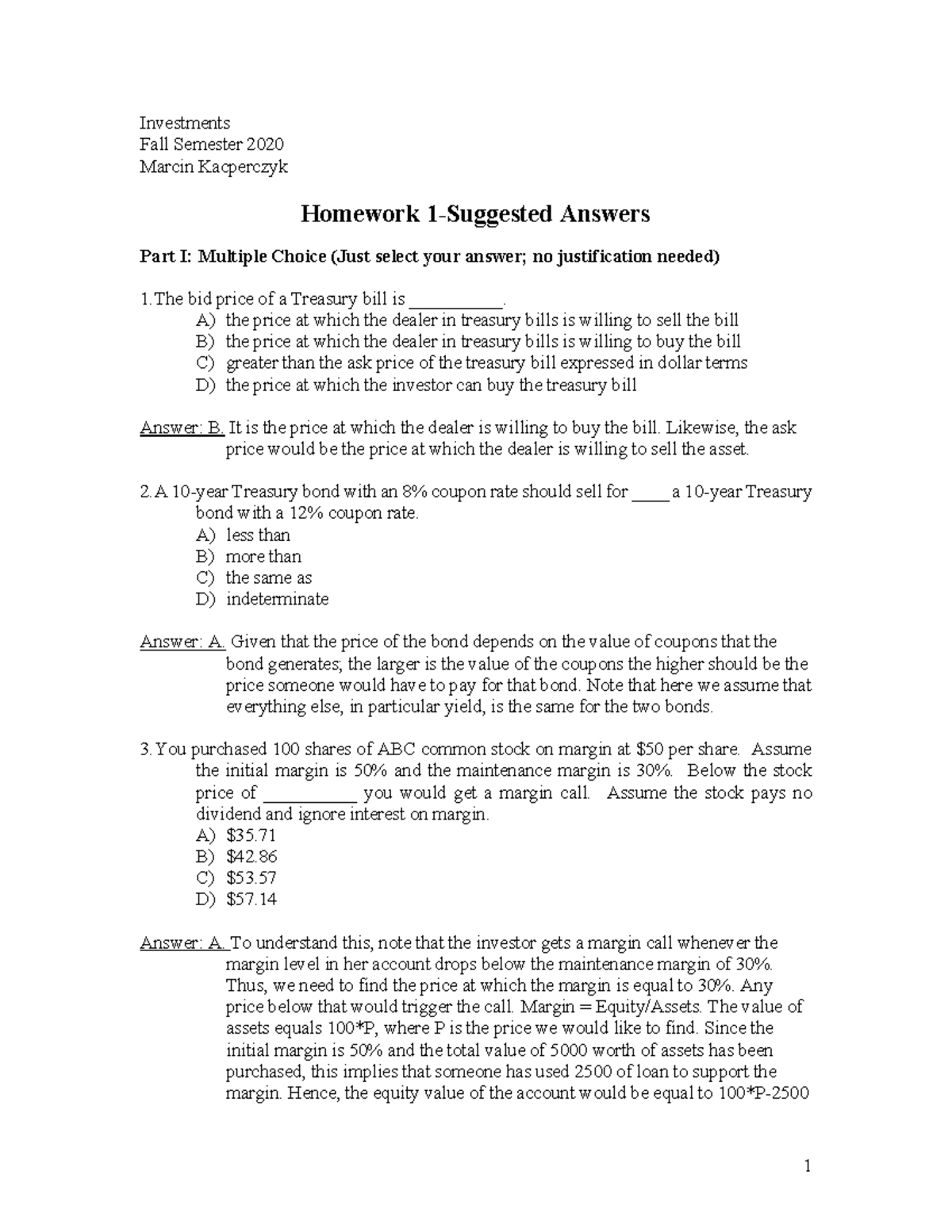 IPM - Assignment #1 - Solutions - Investments Fall Semester 2020 Marcin Kacperczyk Homework ...