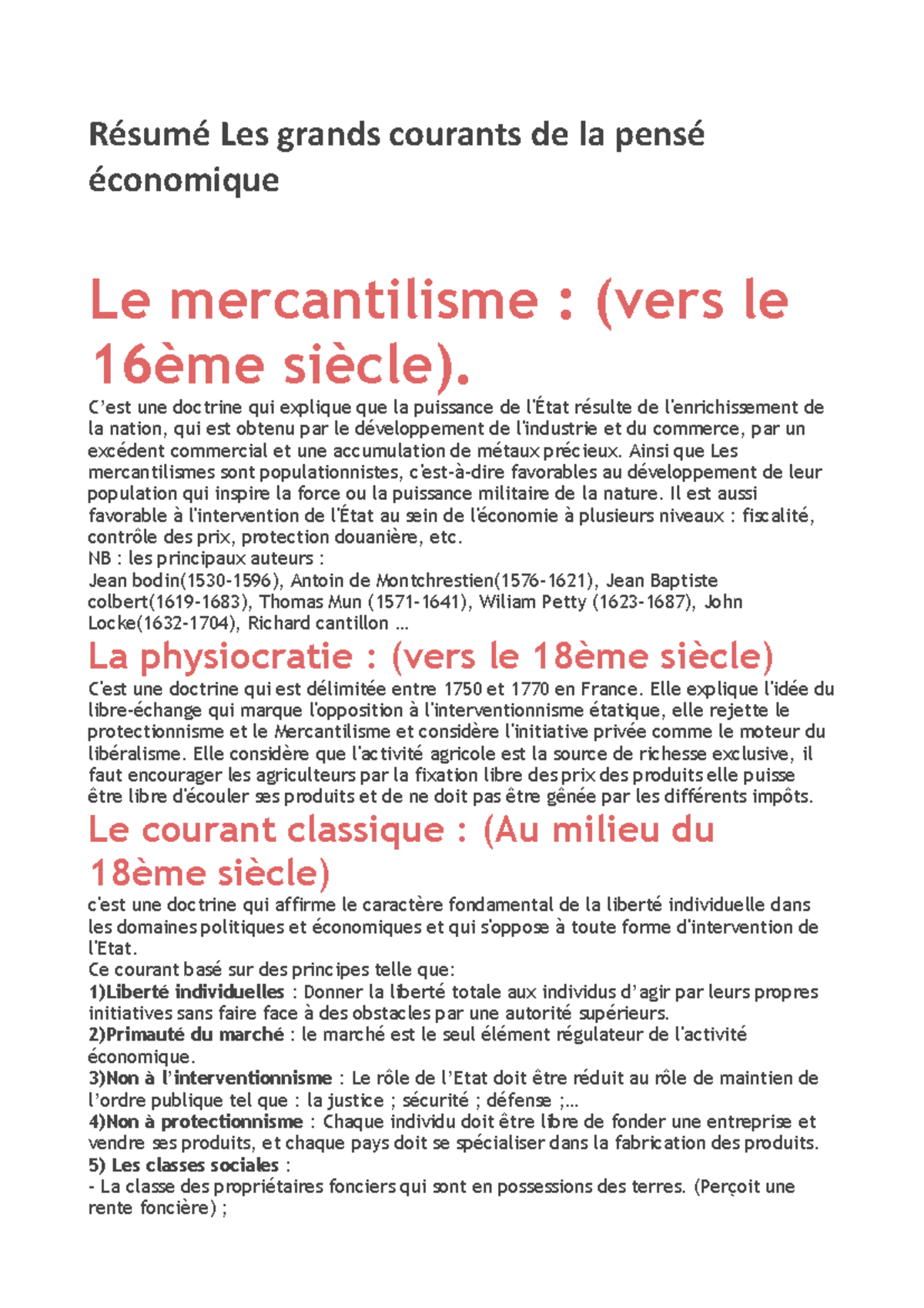RÃ©sum Ã© Les grands courants de la pens Ã© Ã©conomique ENCG CASA - Résumé Les grands courants ...